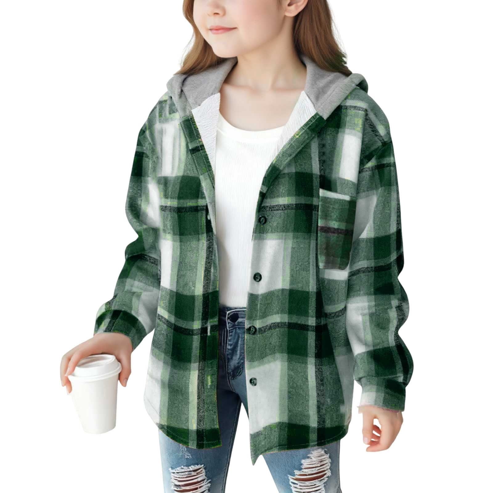 Girls Cute Flannel Shirt Jacket Lightweight Plaid Hooded Outerwear Fall ...