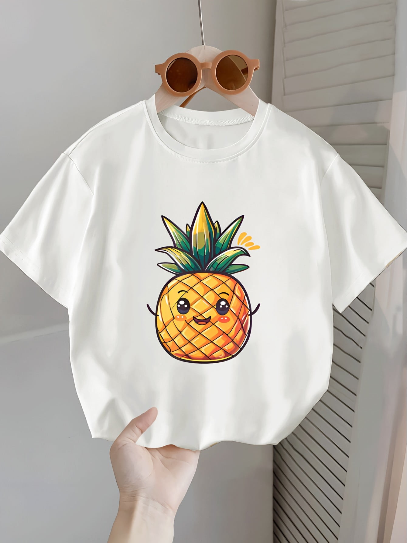 Girls' Cute Pineapple Smile Graphic Tee - Soft Polyester Blend, Casual ...