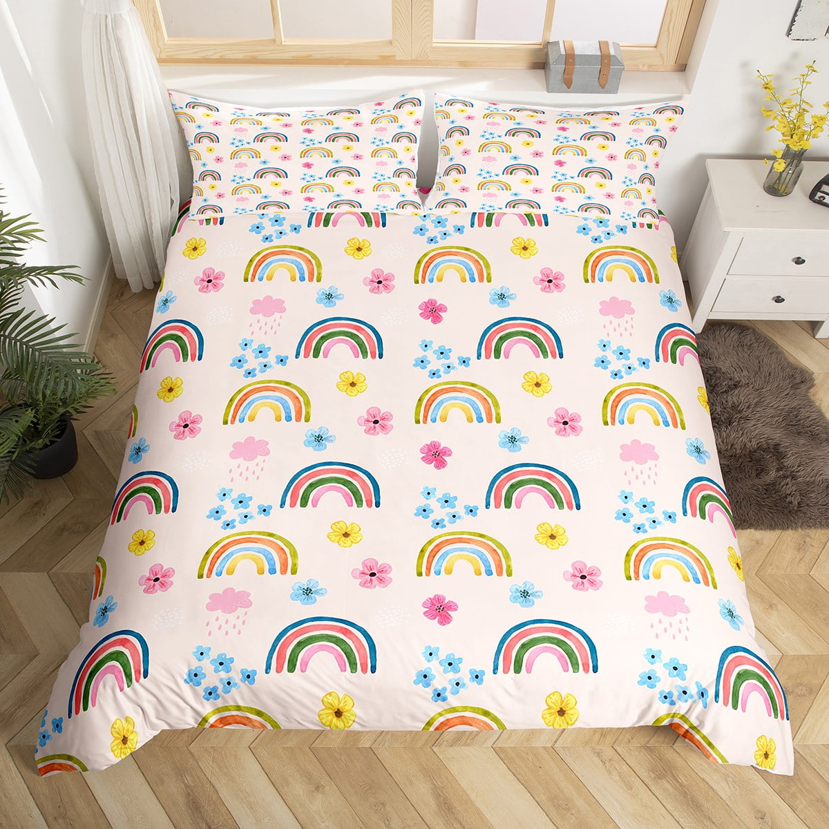 Girls Cute Rainbow Bed Set Pink Flower Duvet Cover Full Size for Kids ...