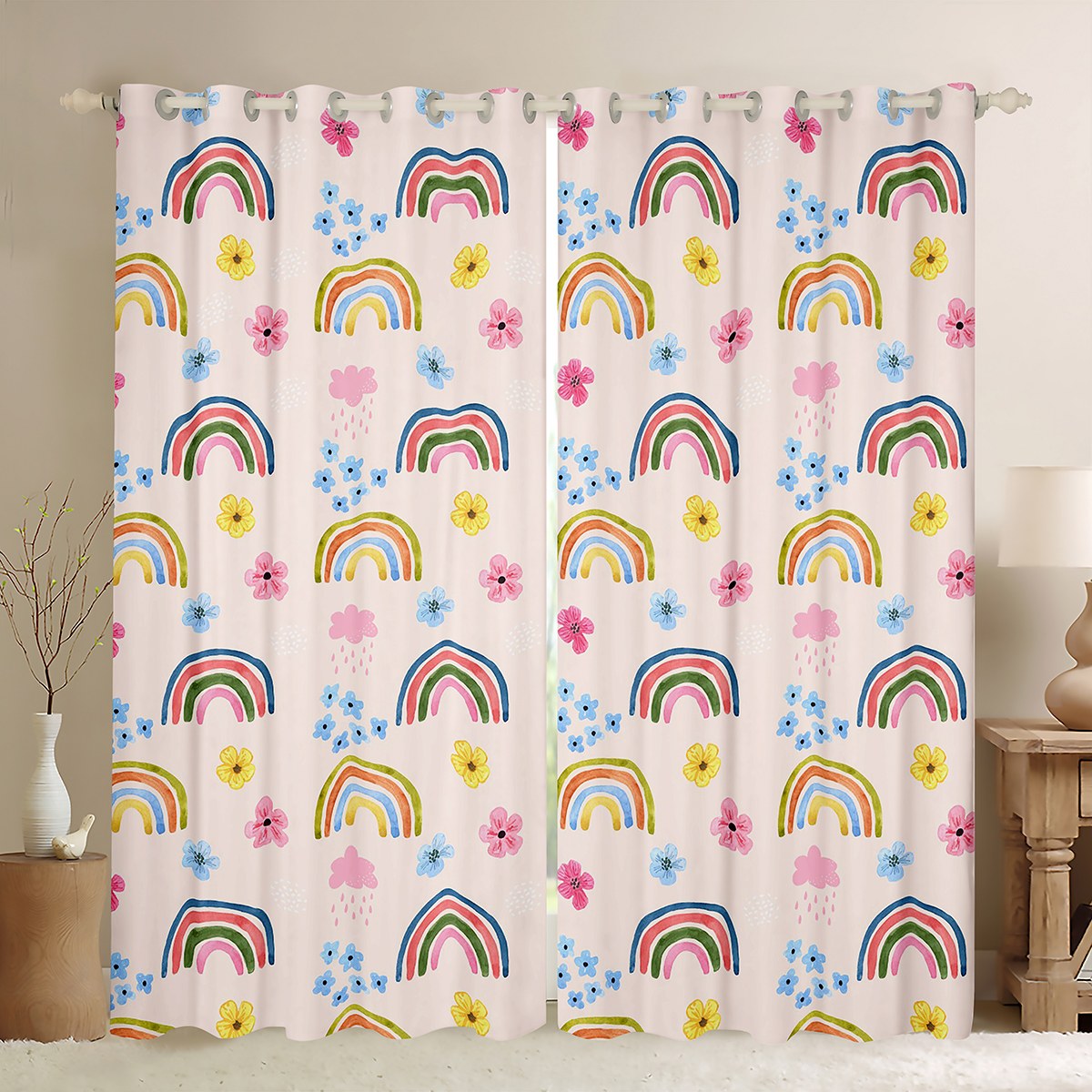 Girls Cute Rainbow Curtains Pink Flower Curtains & Drapes for Kids ...