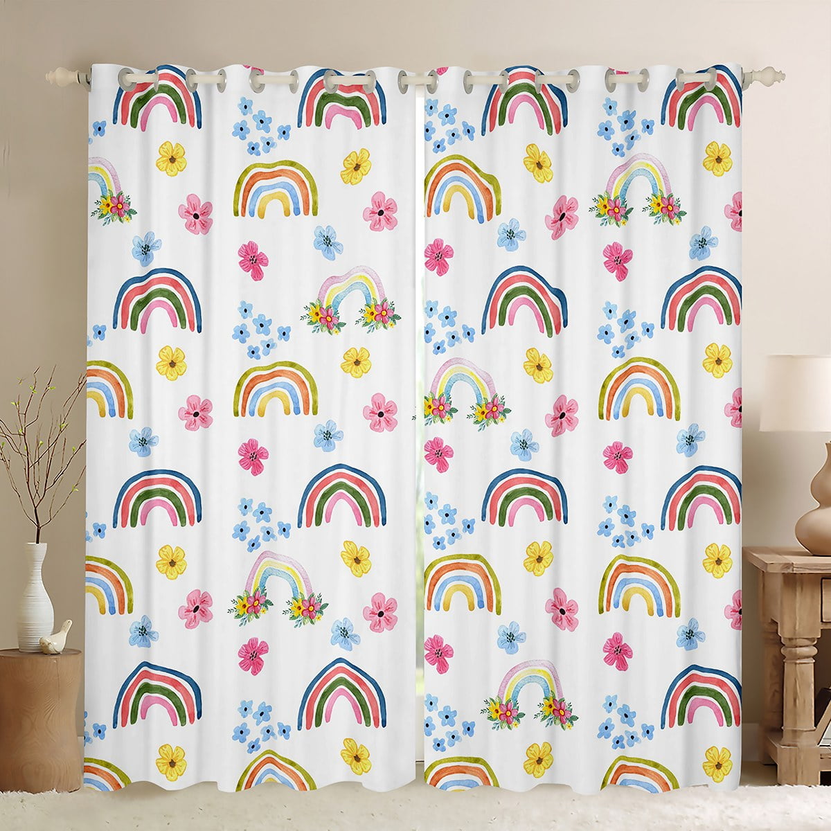Girls Cute Rainbow Curtains Pink Flower Curtains & Drapes for Kids ...