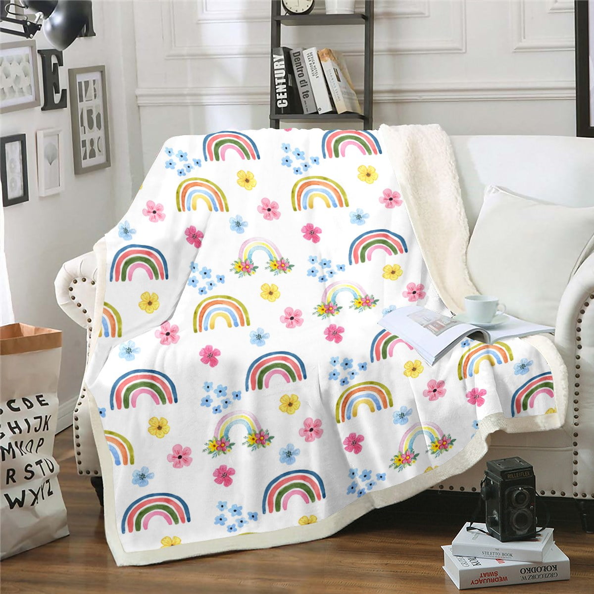 Girls Cute Rainbow Sherpa Blanket Pink Flower Blanket for Kids, Yellow ...