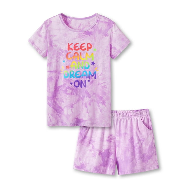 Girls Cute Summer Shirt & Shorts 2-Piece Pajamas – Violet Tie Dye Outfit Sleepwear Size 8 ...
