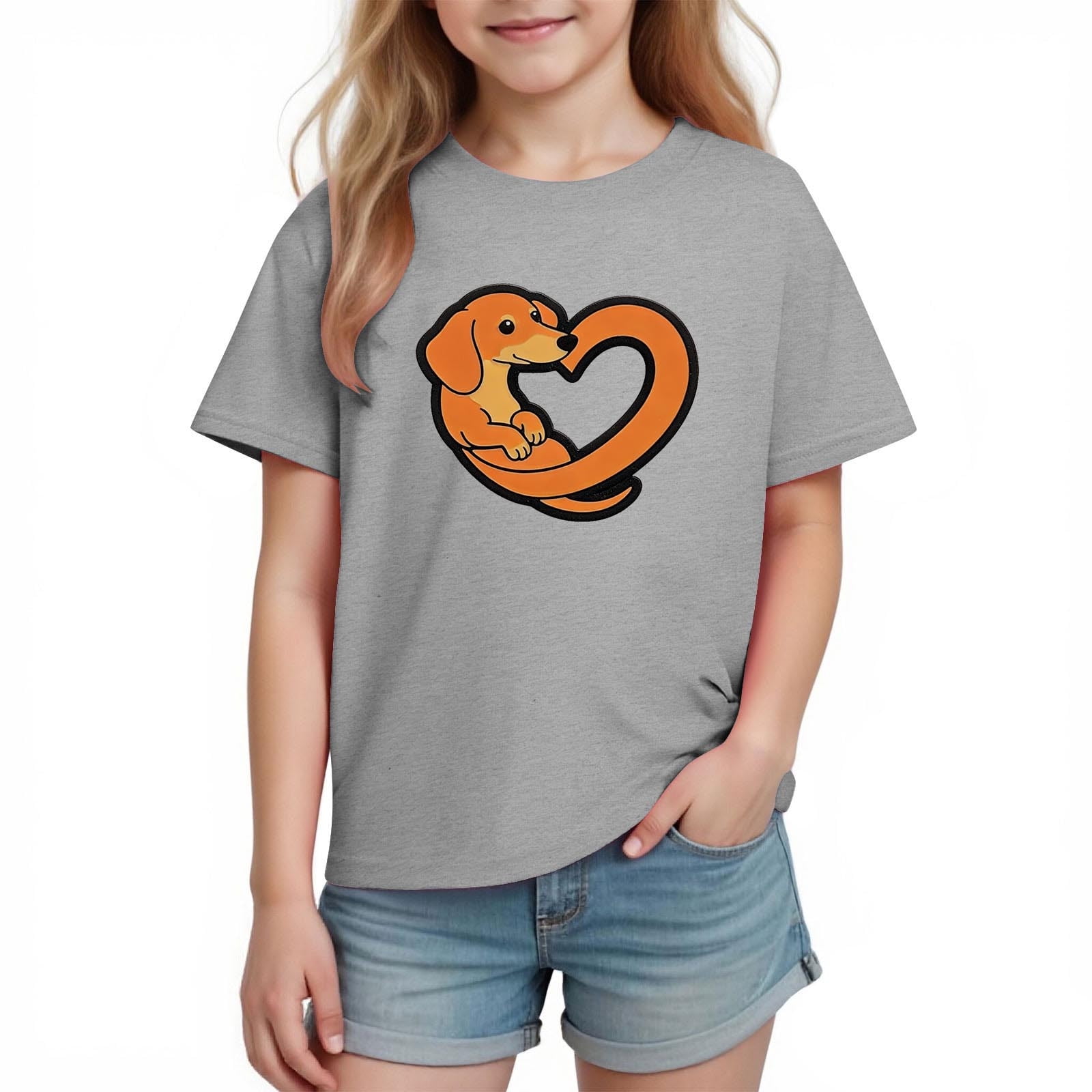 Girls Dachshund Heart Graphic Tee | 100% Cotton Kids T-Shirt | Heather ...