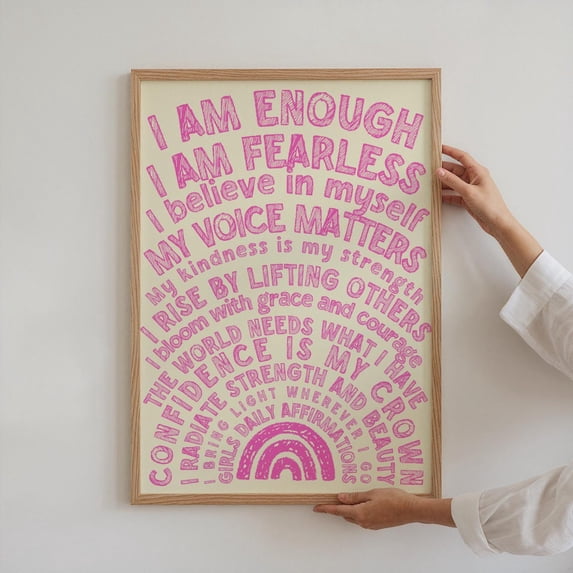 Girls Daily Affirmations Wall Art I Am Enough Decor Motivational For ...