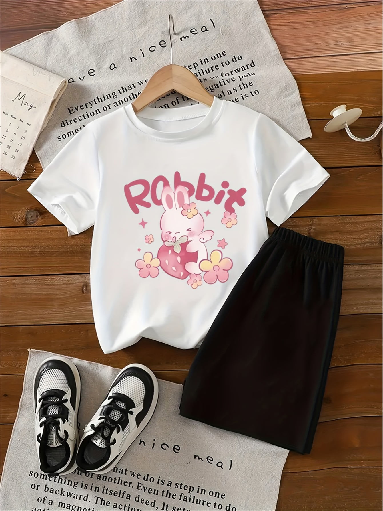 Girls' Daily Casual T-Shirt Set Cute "RABBIT" & Strawberry Rabbit ...