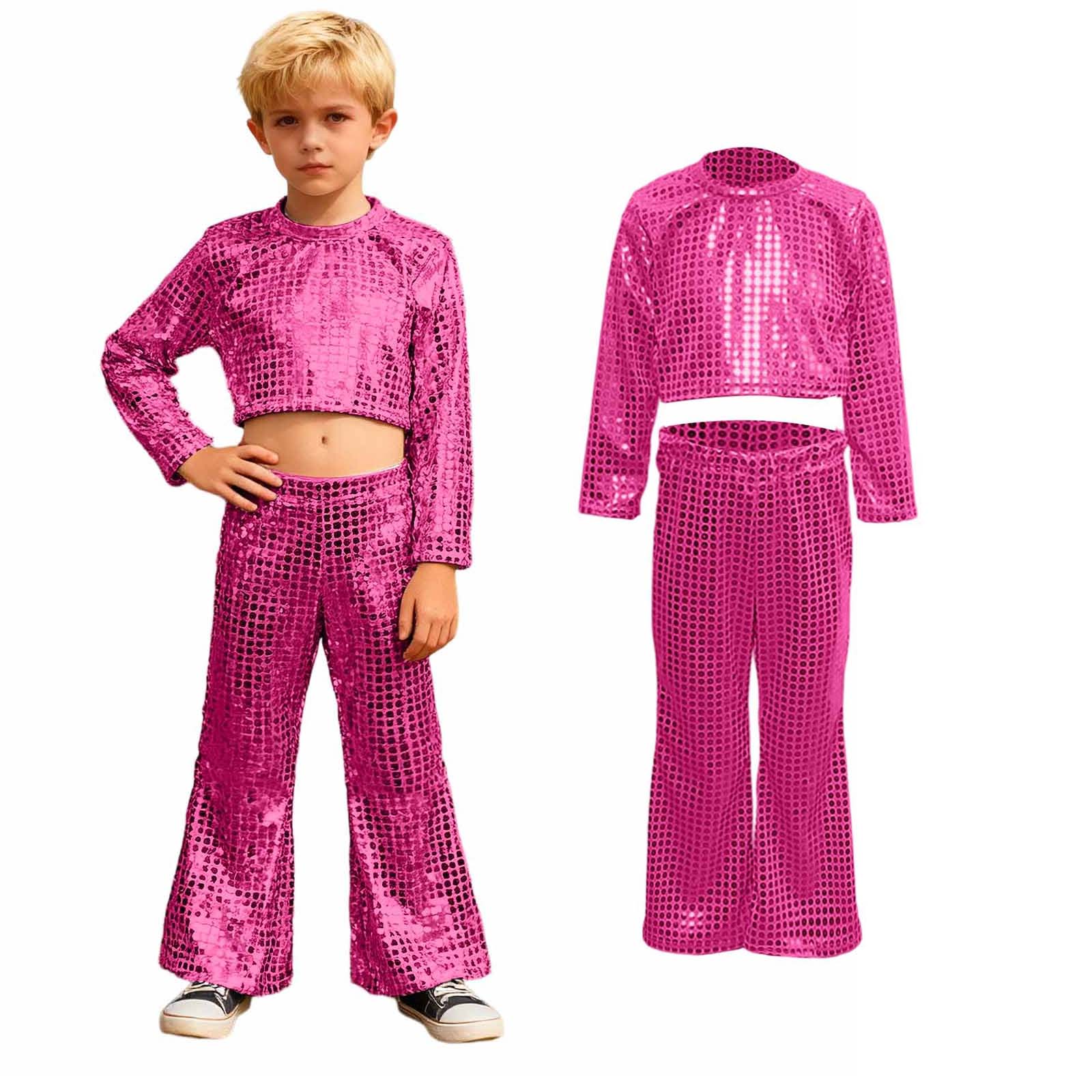 Girls Dance Costume Sequin Pink Dance Costume Long Sleeve Crop Top and ...