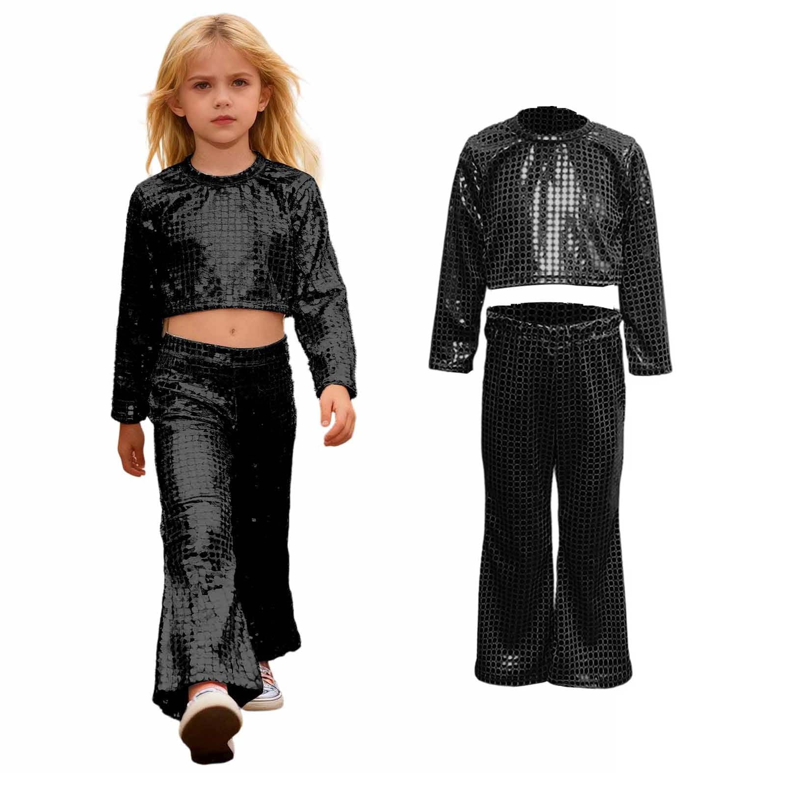 Girls Dance Sparkly Black Dance Long Sleeve Crop Top and Flared Pants ...