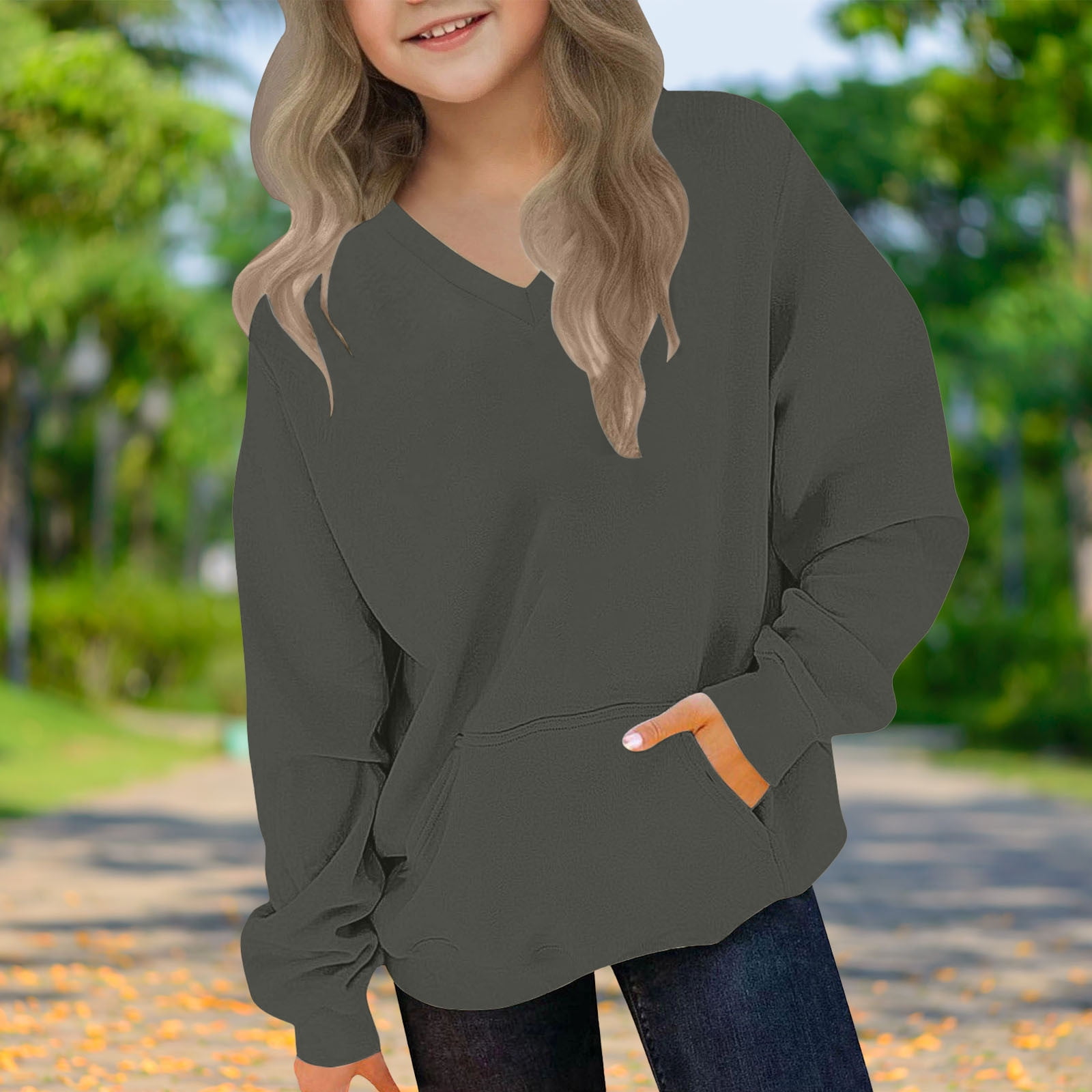 Girls Dark Gray V-Neck Pullover Sweatshirt, 95% Polyester 5% Spandex ...
