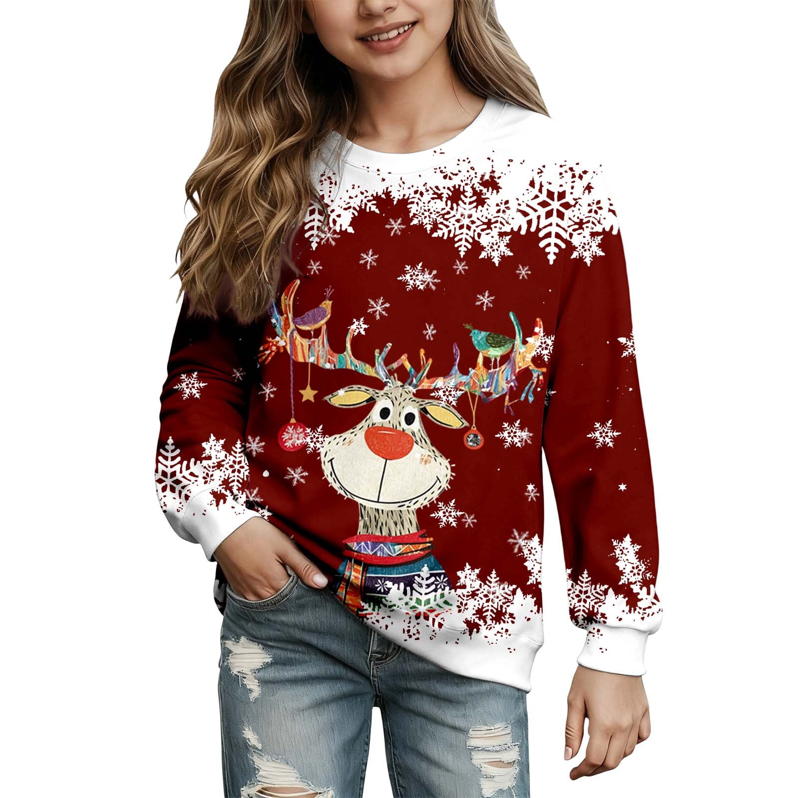 Girls' Deer Headed Crewneck Long Sleeve Festive Holiday Top with ...