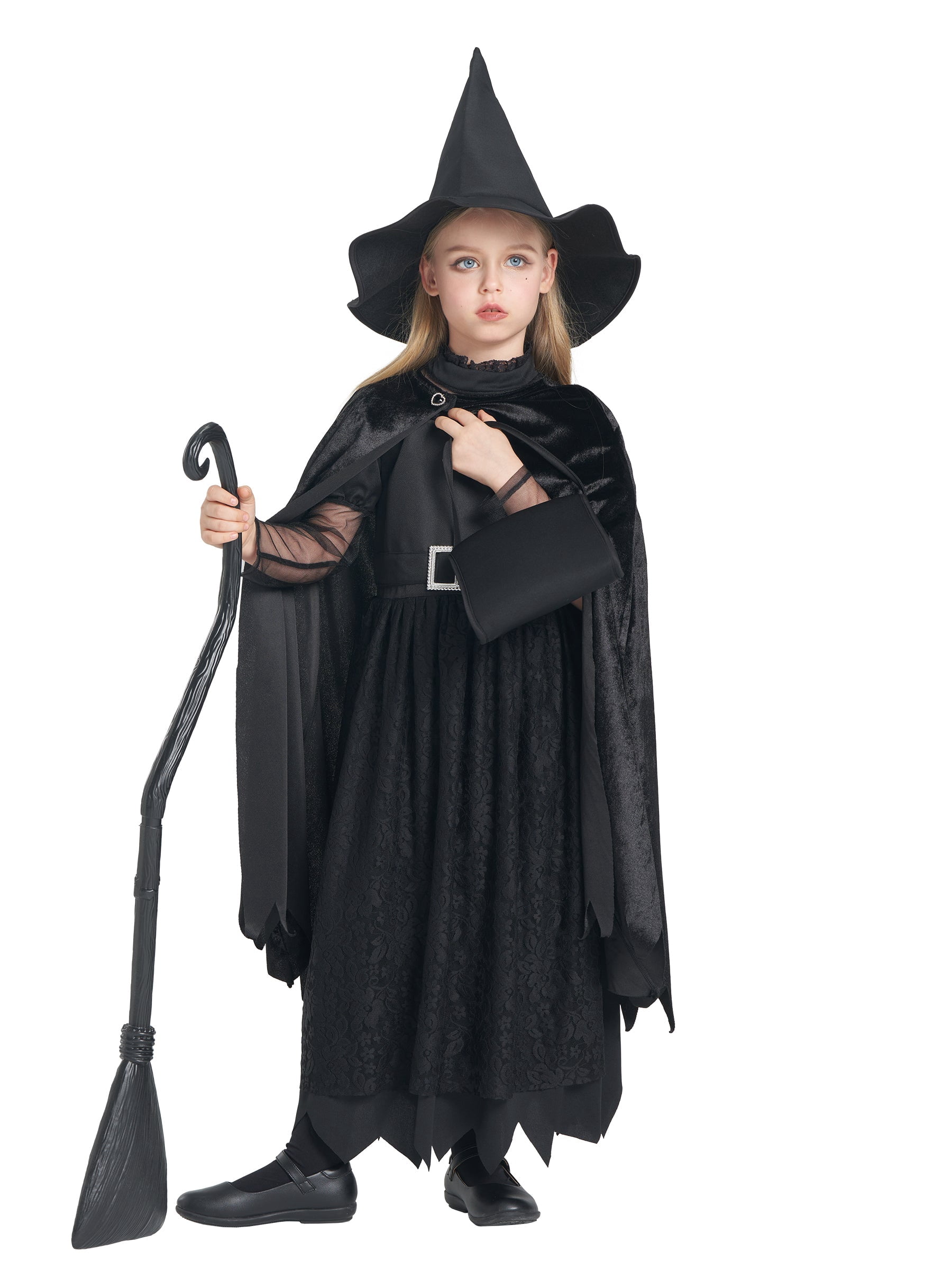 Girls Deluxe Witch Costume, 4 Pcs Dress Hat Cape Bag Velvet Black Suit ...