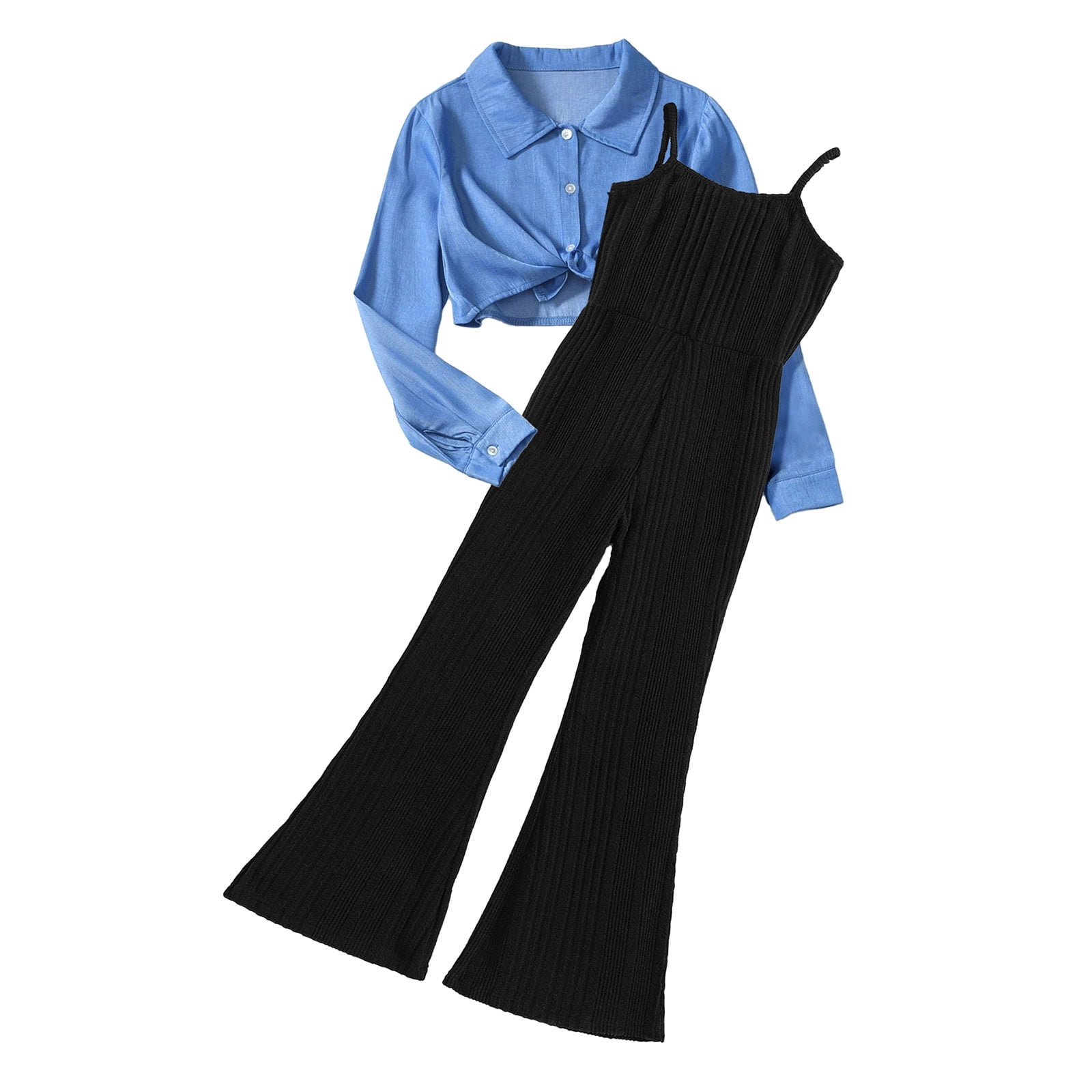 Girls Denim Look Shirt and Wide Leg Pant Set Soft Stretch Comfort ...