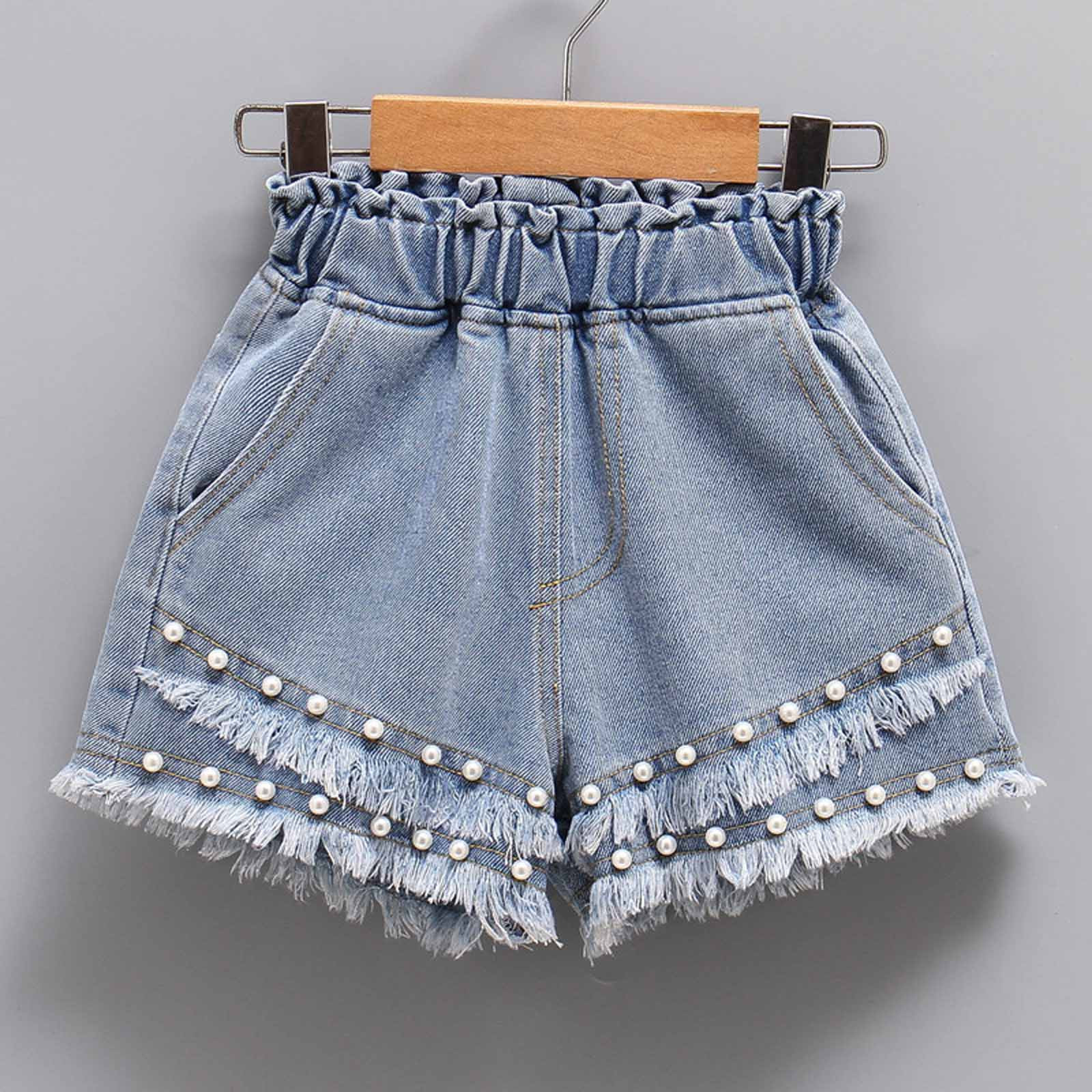Girls' Denim Midi Shorts Elastic High Waisted Ripped Frayed Raw Hem ...