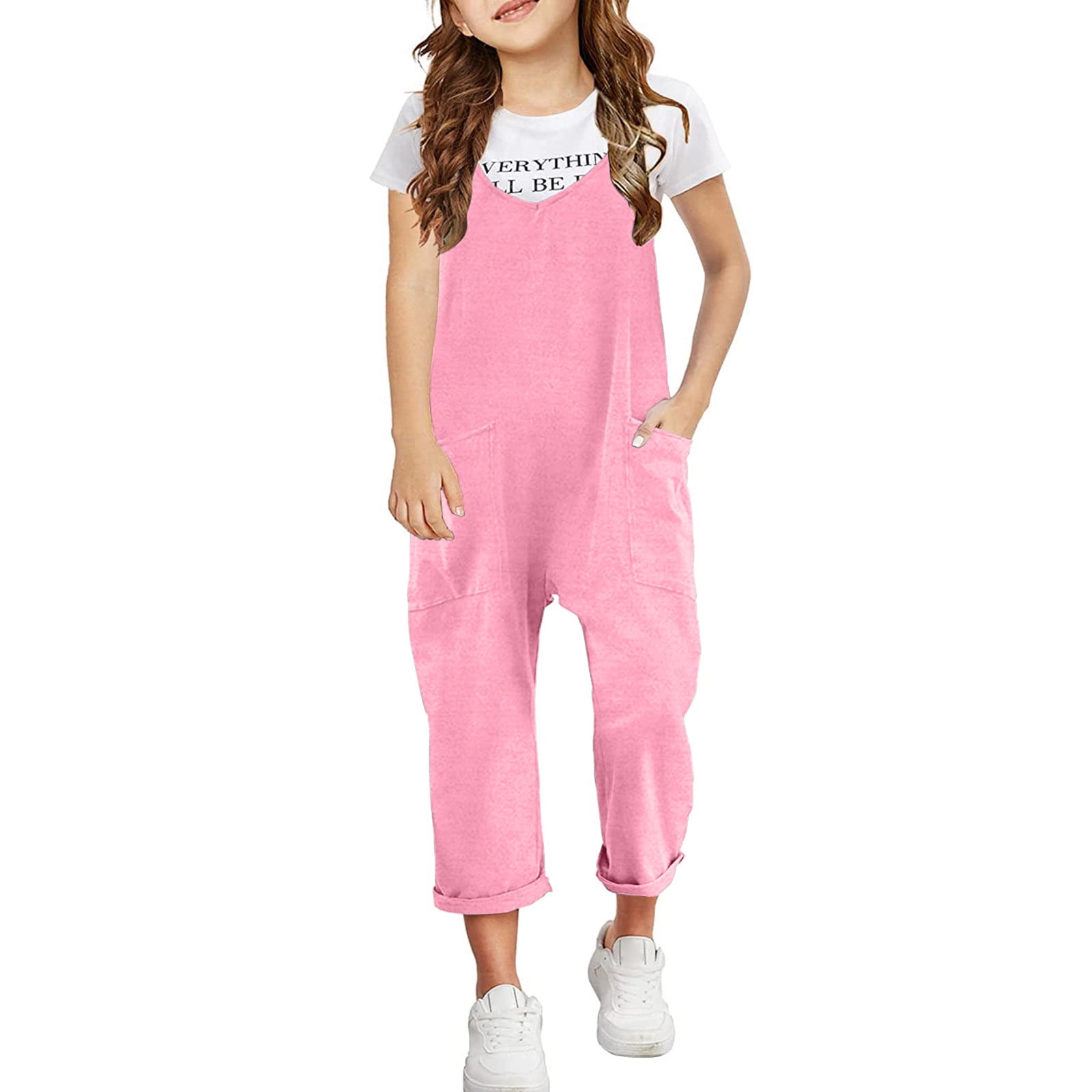Girls' Denim Overall Jumpsuits V Neck Sleeveless Cute Long Pants Wide ...