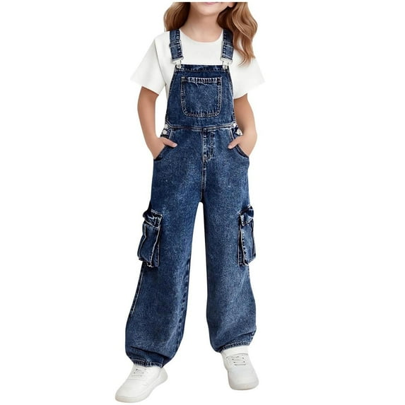 Girls Denim Overalls Little Big Girls Wide-Leg Jeans Jumpsuit Cargo ...