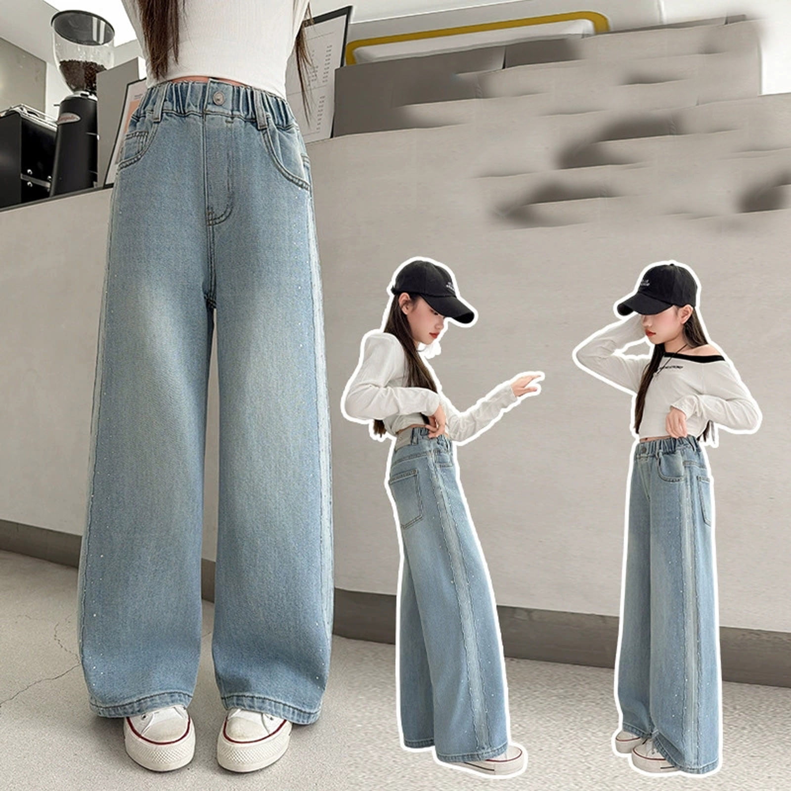 Girls Denim Pants Straight Leg Casual Trousers With Double Rhinestone ...