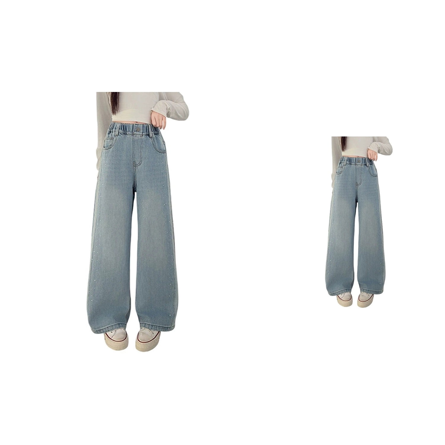 Girls Denim Pants Straight Leg Loose Fit Wide Leg Jeans with Double ...