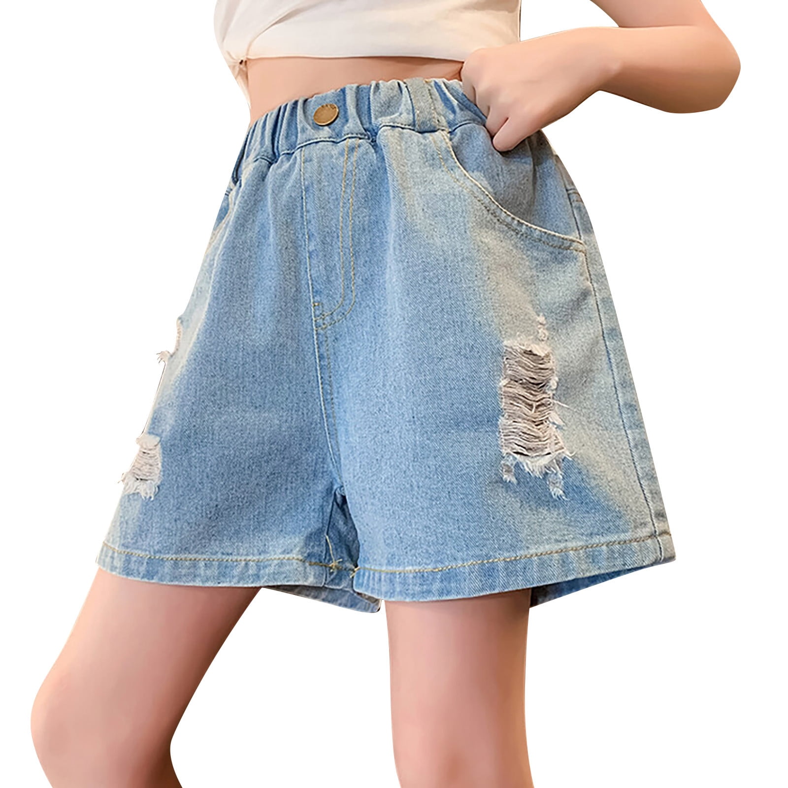 Girls Denim Shorts Ripped High Waist Straight Leg Cartwheel Summer ...