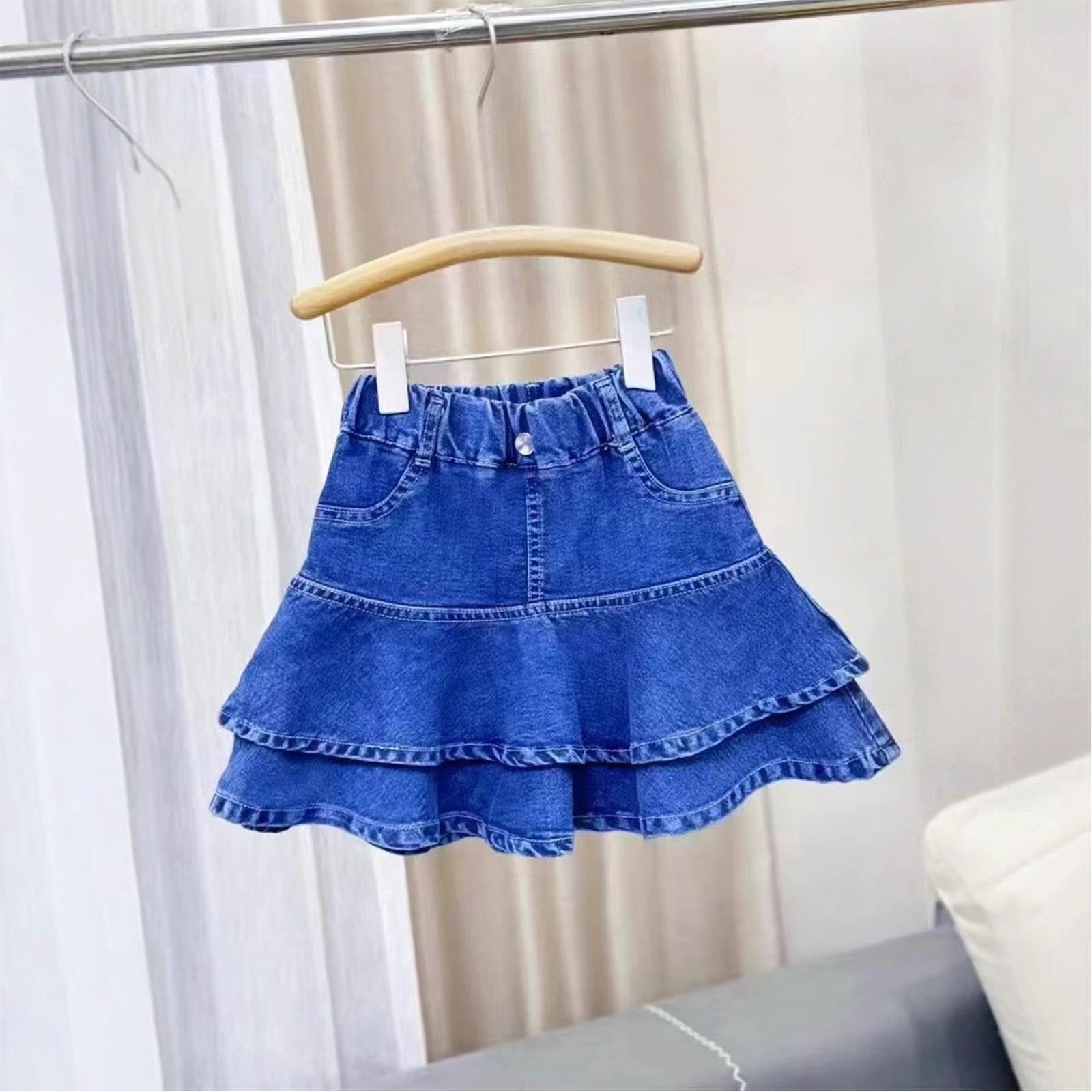 Girls Denim Skirt with Double Ruffle Hem Elastic Waist A-Line Mini ...