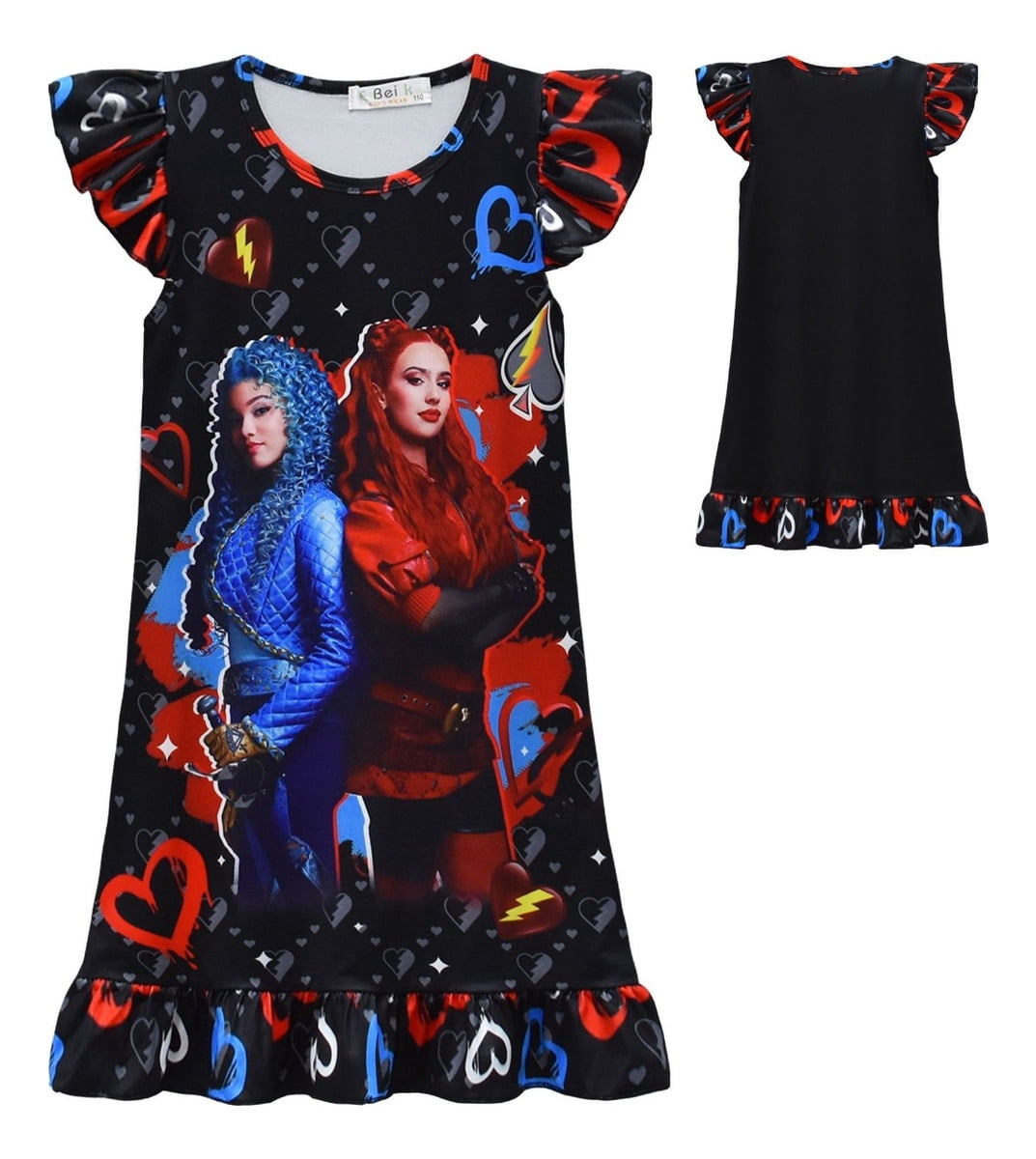 Girls Descendants 4 Black and Red Nightgown – Kids Ruffle Sleeve Sleep ...