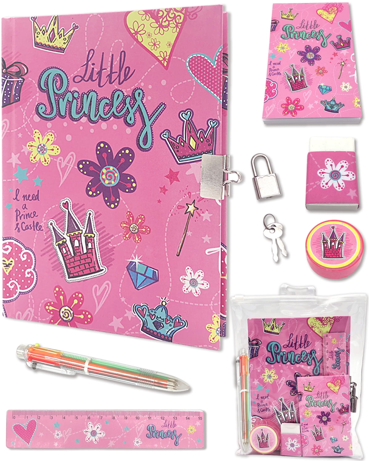 Girls Diary with Lock, Kids Notebook Stationery Set Incl. Princess ...