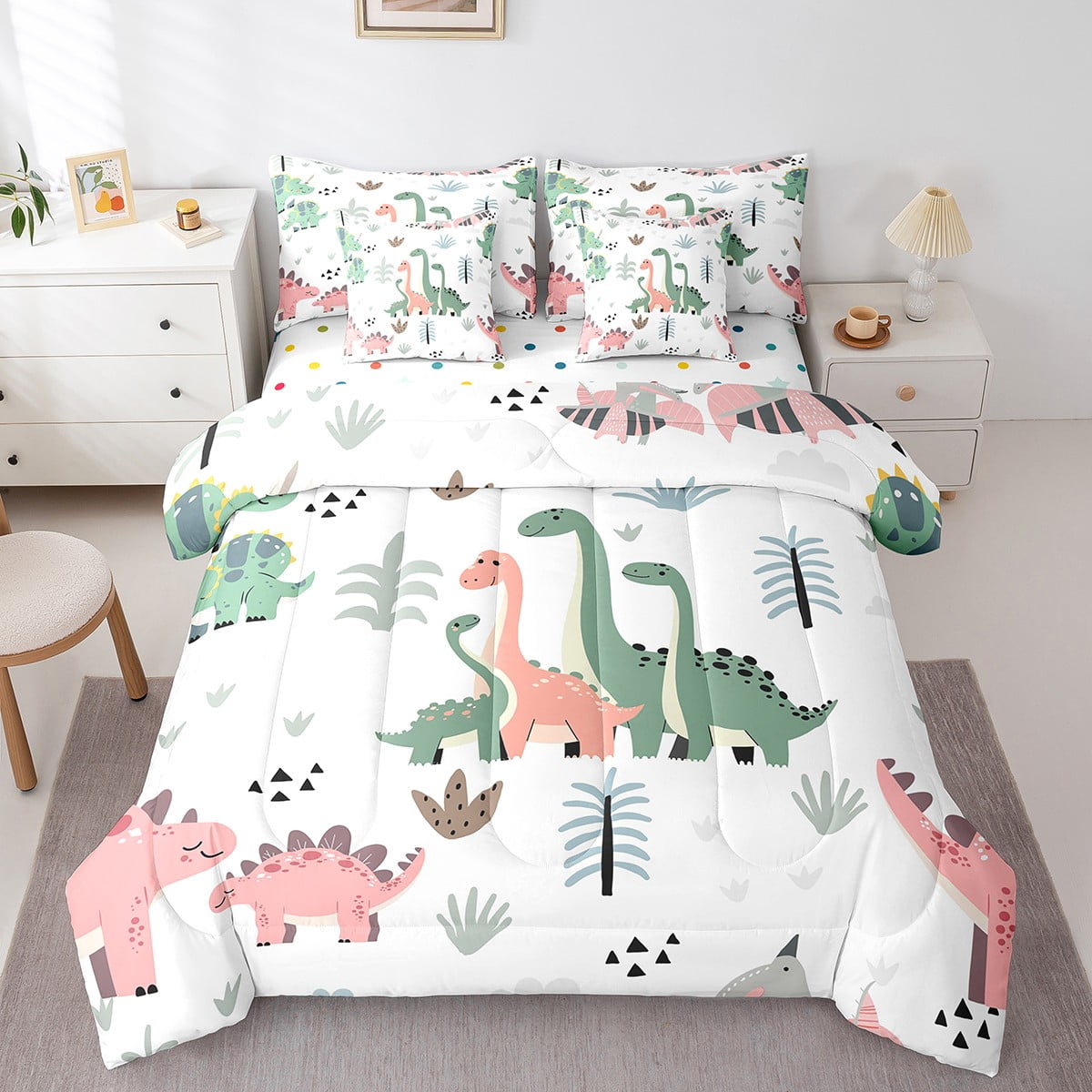 Girls Dinosaur King Bedding Set 7 Piece Cute Dion Comforter Set With ...