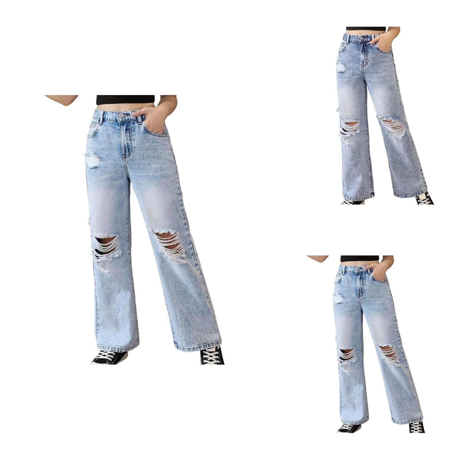 Girls Distressed Denim Wide Leg Pants – High Waist Loose Fit Baggy ...