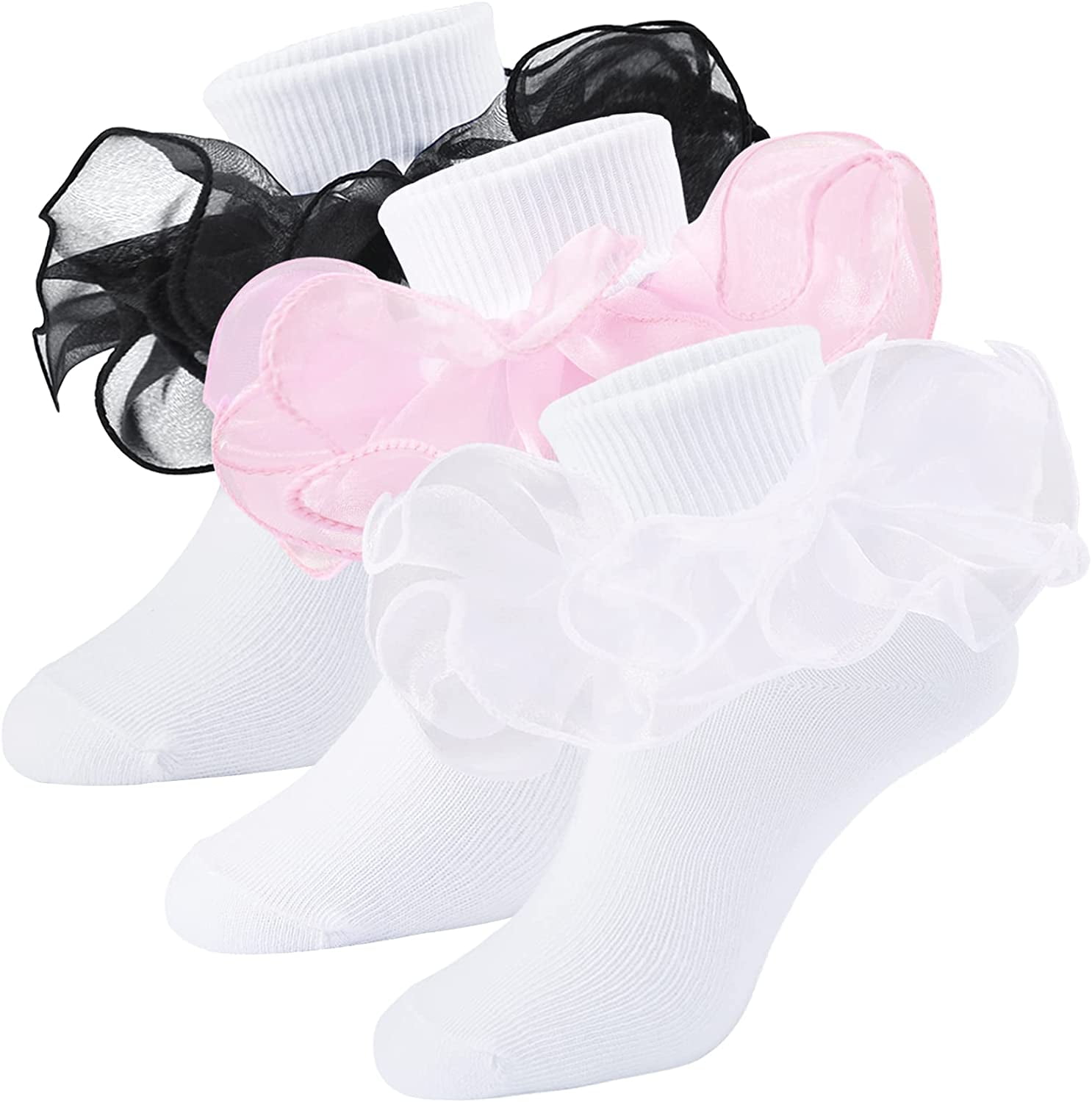 Girls Double Lace Ruffle Socks Toddler Girls Ruffled Dress Socks 3 Pack ...