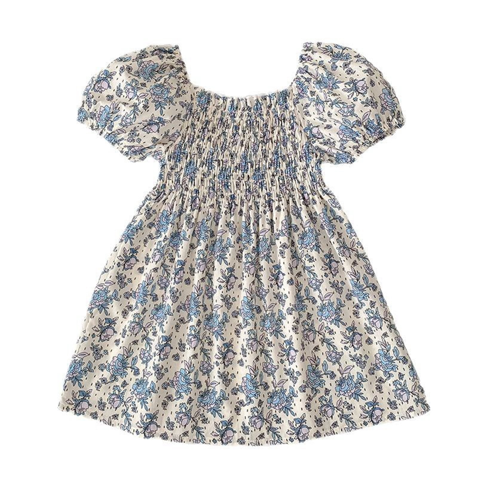 Girls Dress Baby Girl'S Square Neck Short Sleeved Floral Print Full ...