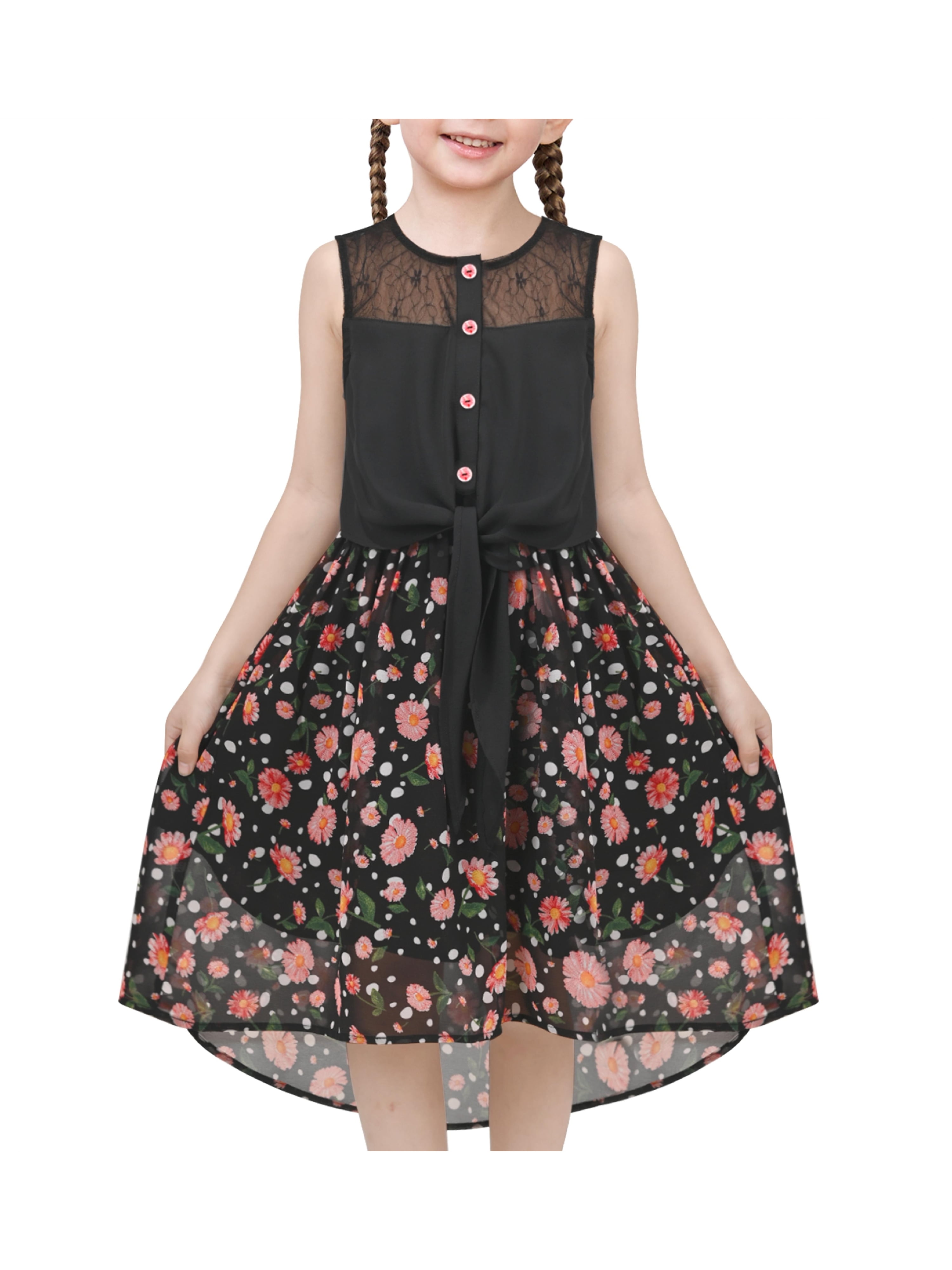 Girls Dress Black Chiffon Floral Lace Top High-Low Tie Waist Formal 8 ...