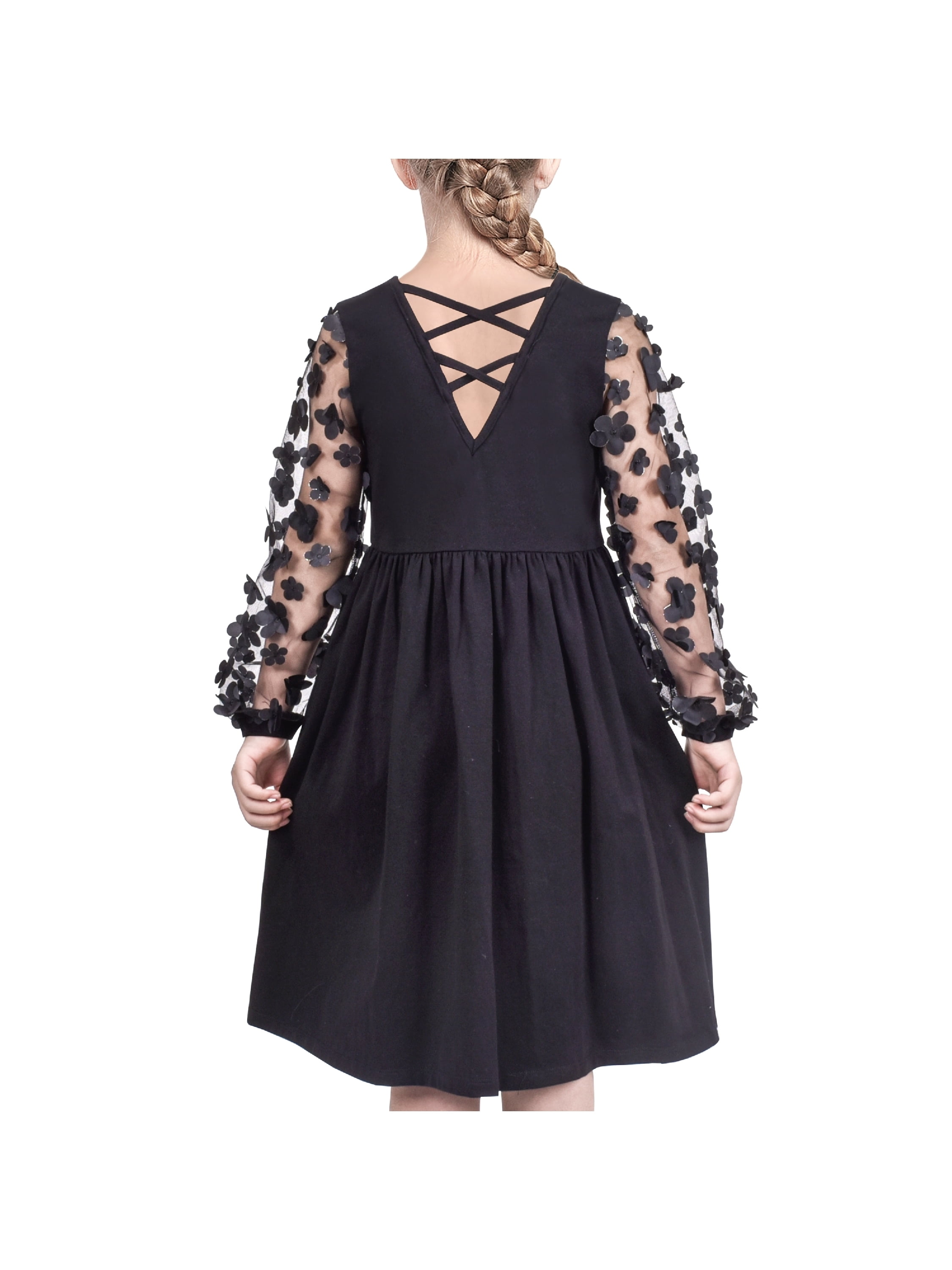 Girls Dress Black Floral Lace Sheer Mesh Long Sleeve Hollow V-back 8 ...
