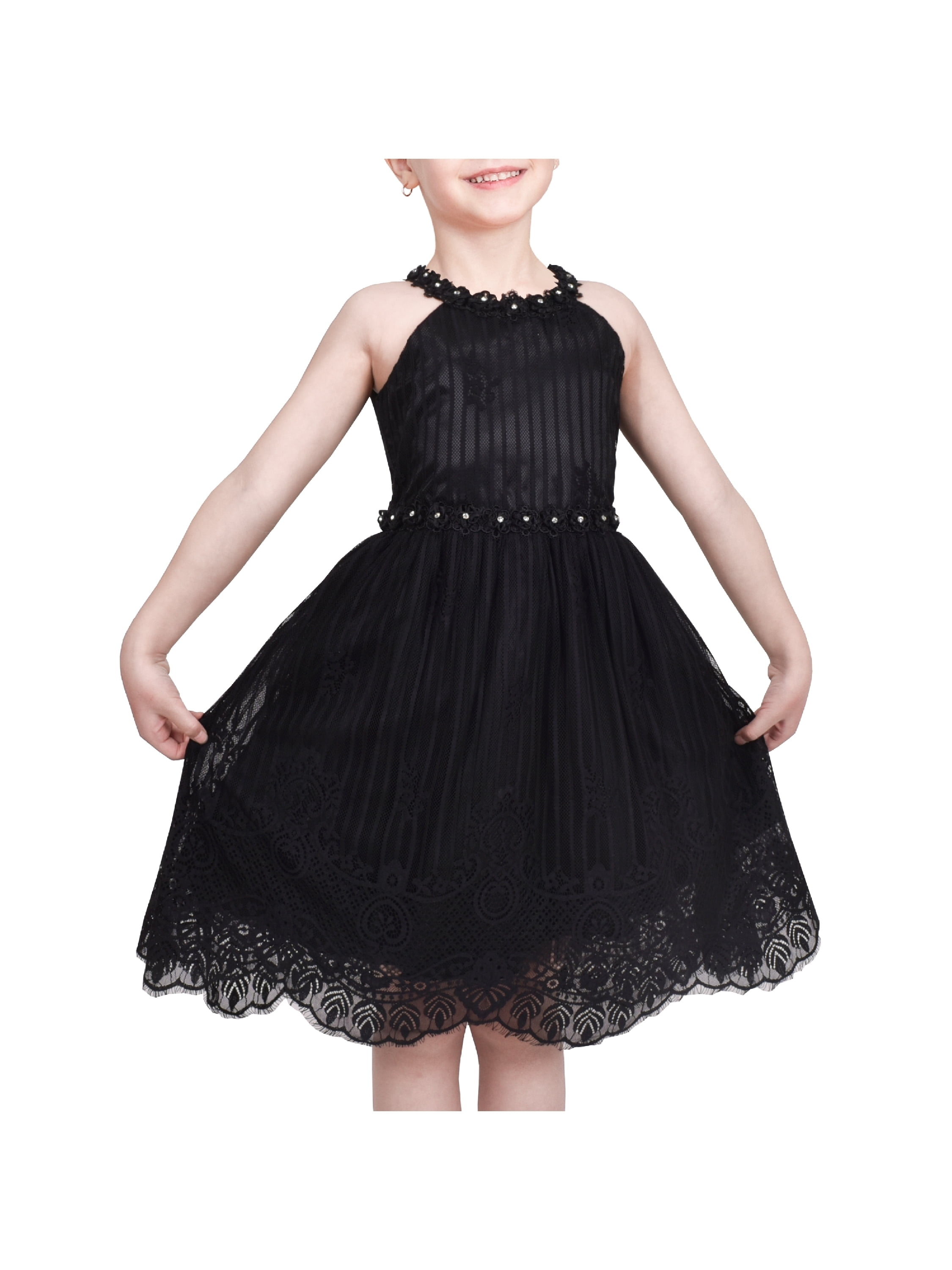 Girls Dress Black Lace Rhinestone Halter Neck Formal Party Ball Gown 12 ...