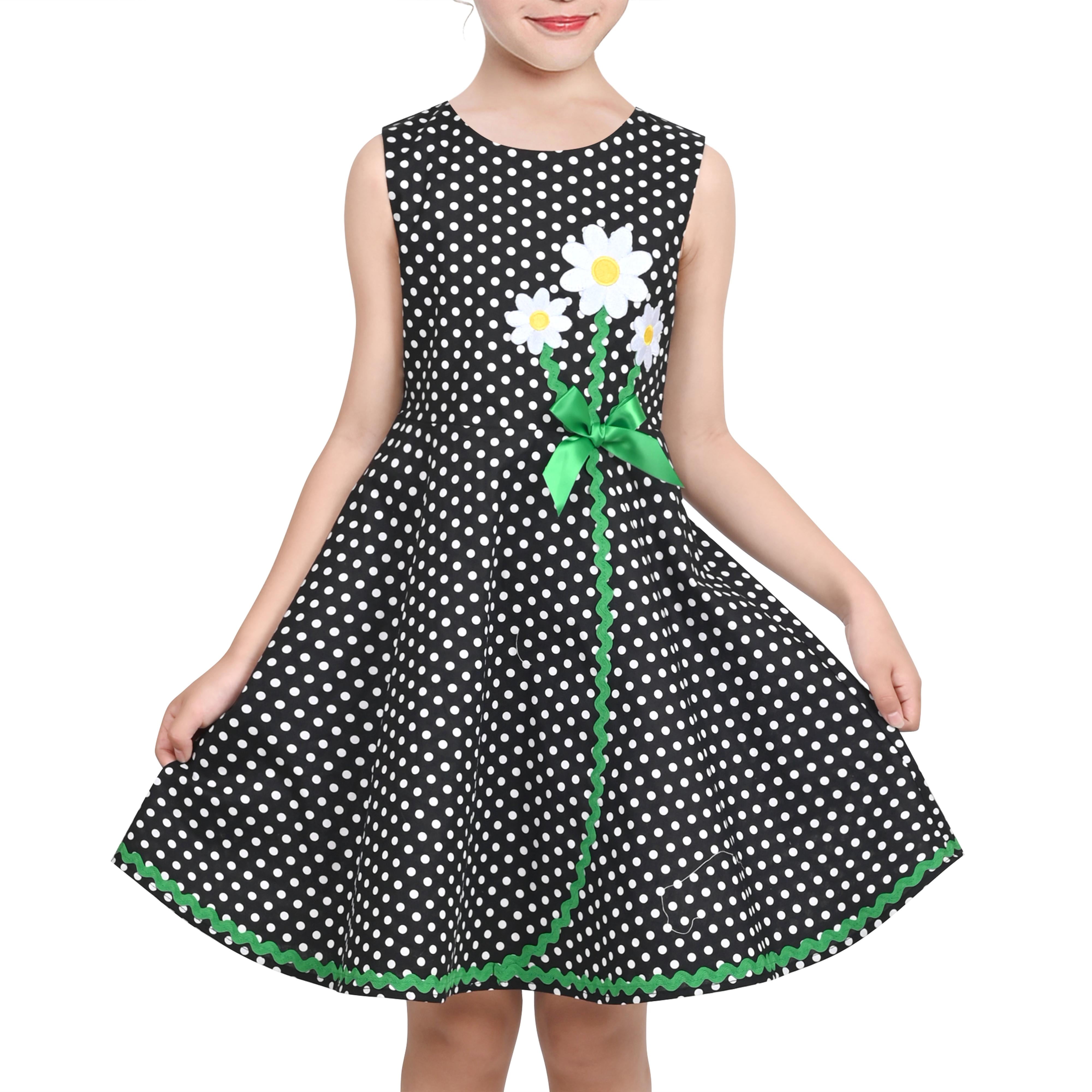 Girls Dress Black Polka Dot Daisy Flower Embroidery Everyday Summer 6 ...