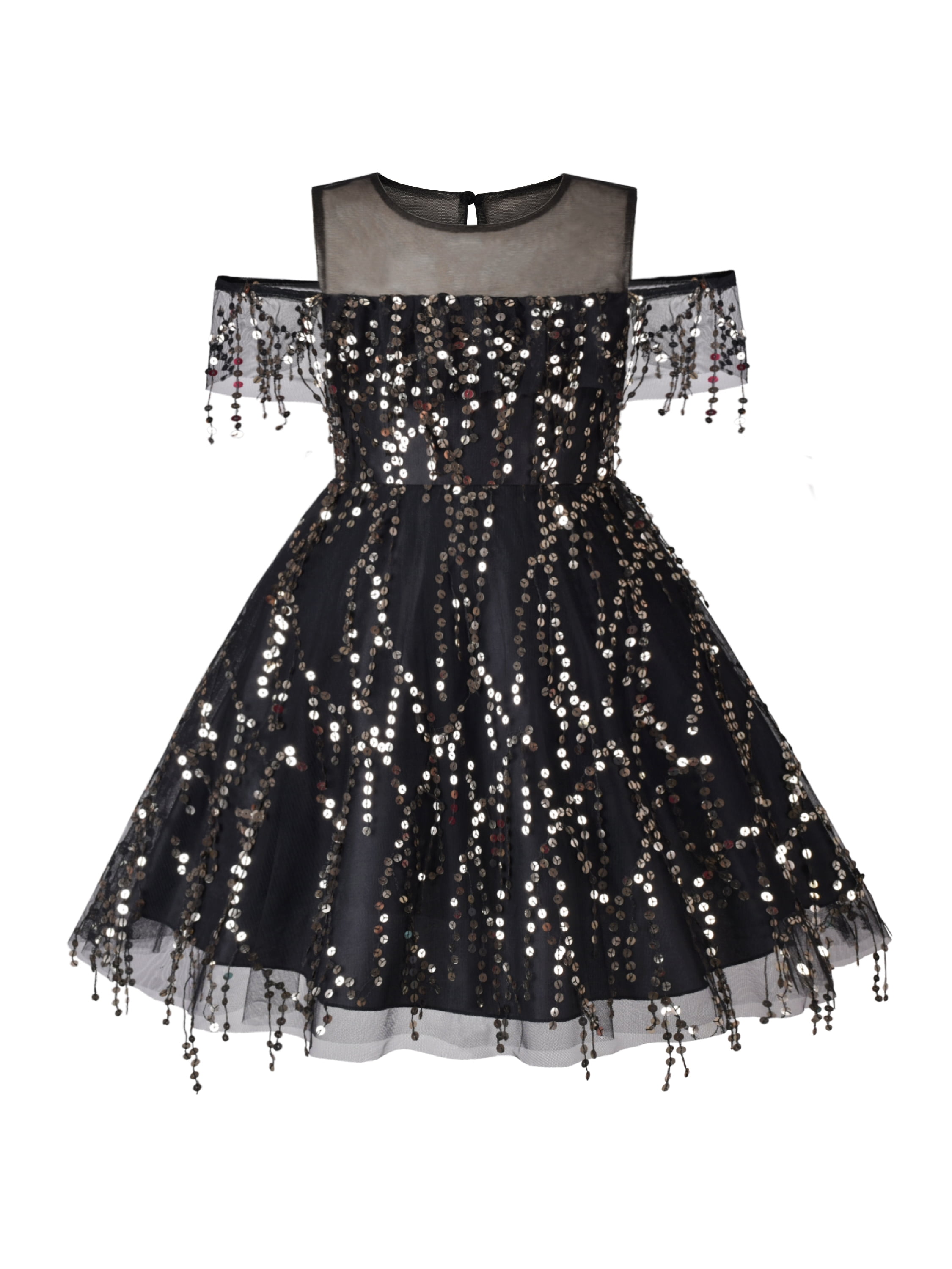 Girls Dress Black Tassel Sparkle Sequin Off Shoulder Party Sleeveless ...
