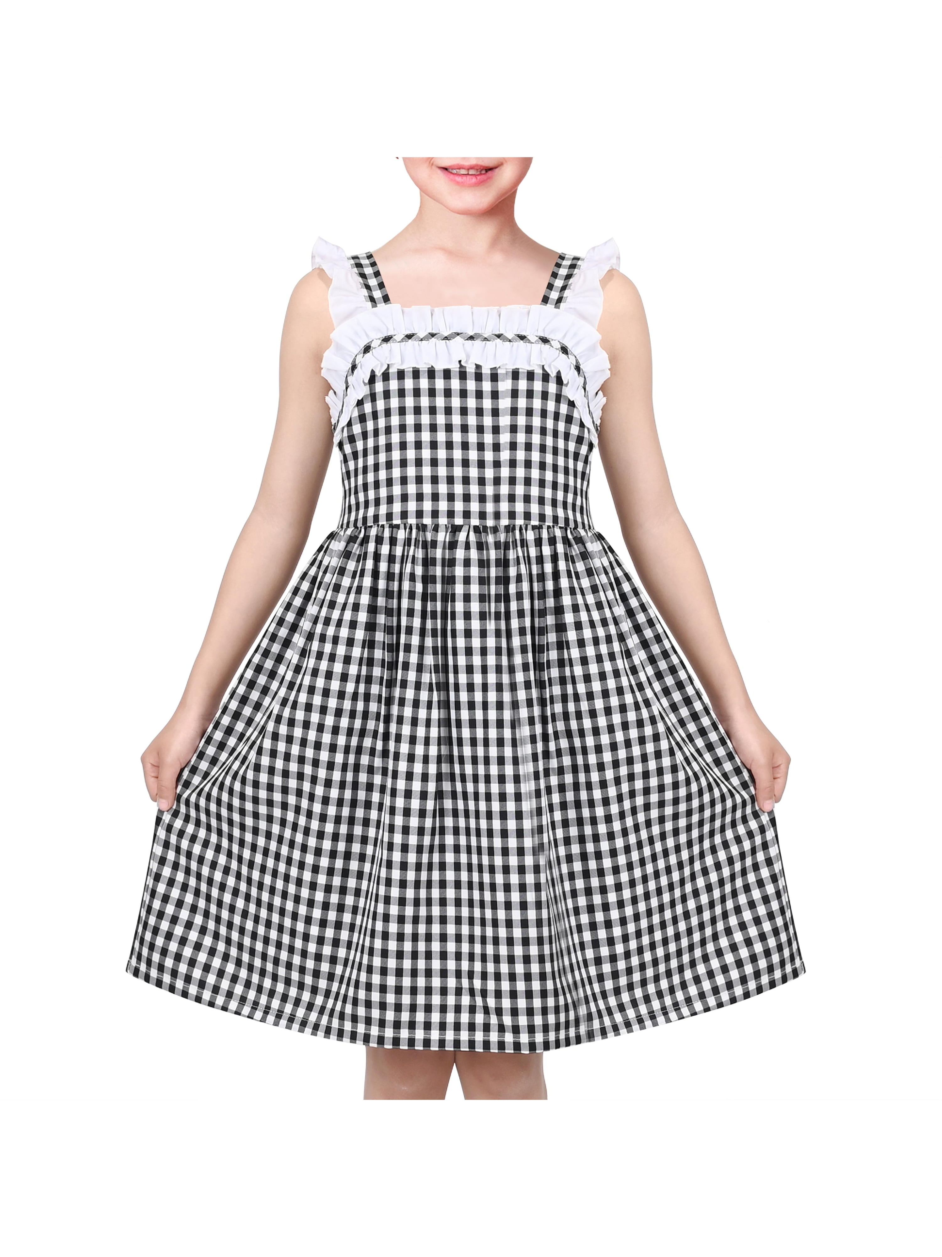 Girls Dress Black White Checkered Ruffle Tank Sundress Retro School 7 ...