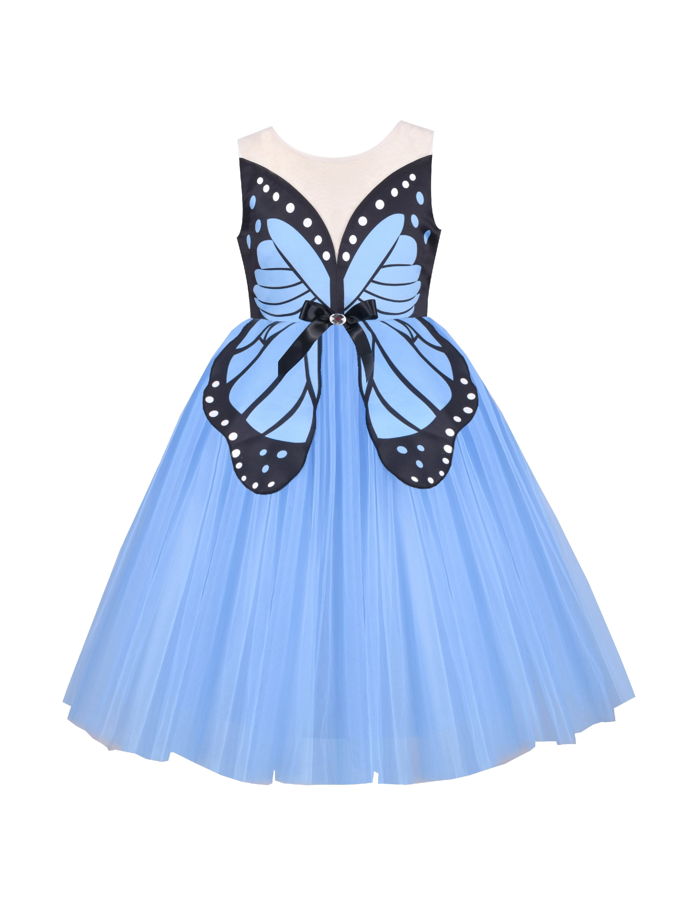 Girls Dress Blue Butterfly Embroidery Tulle Party Sleeveless Backless 7 ...