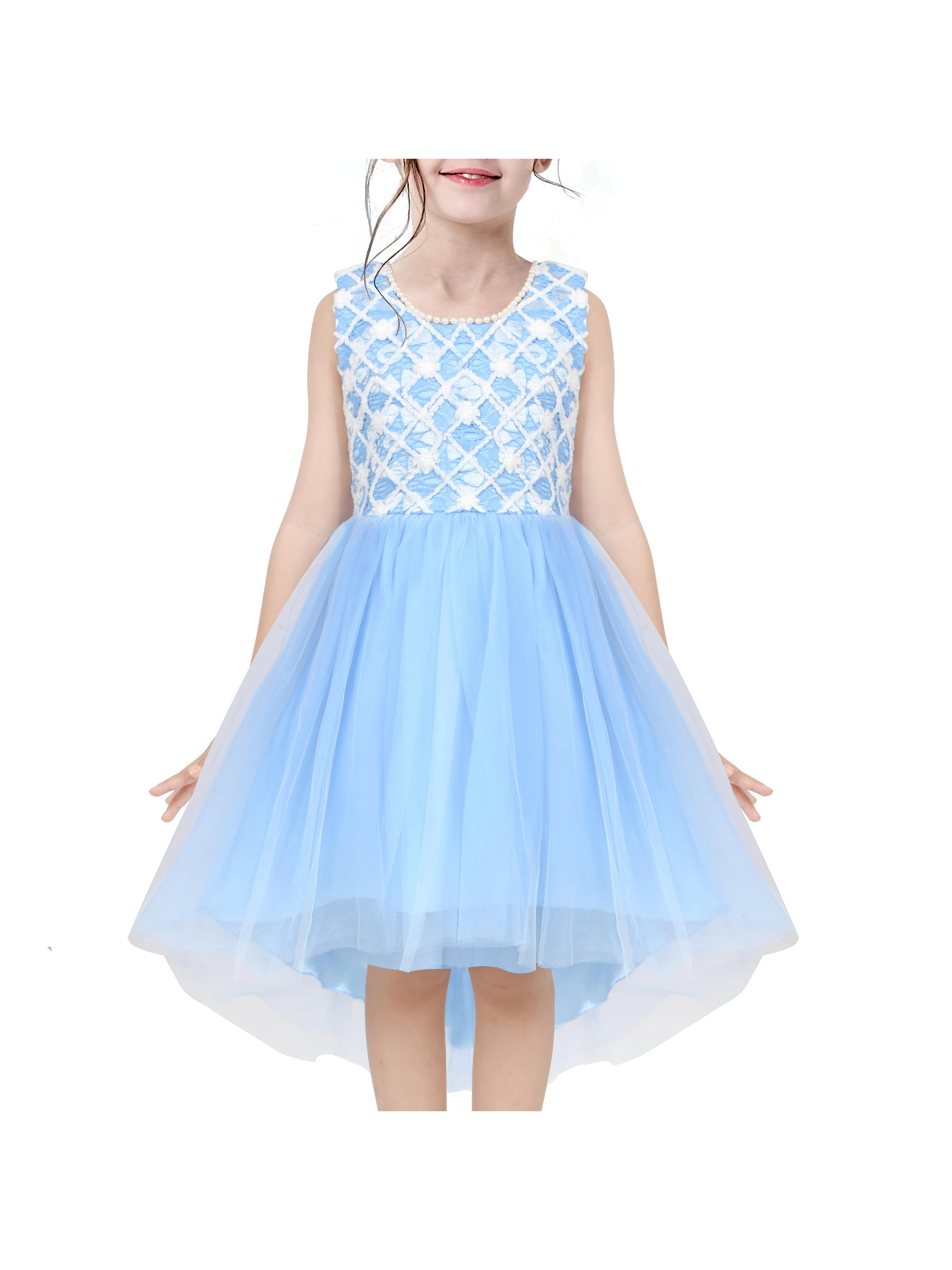 Girls Dress Blue Lace Check Pearl Hollow Tulle Princess Pageant Party 8 ...