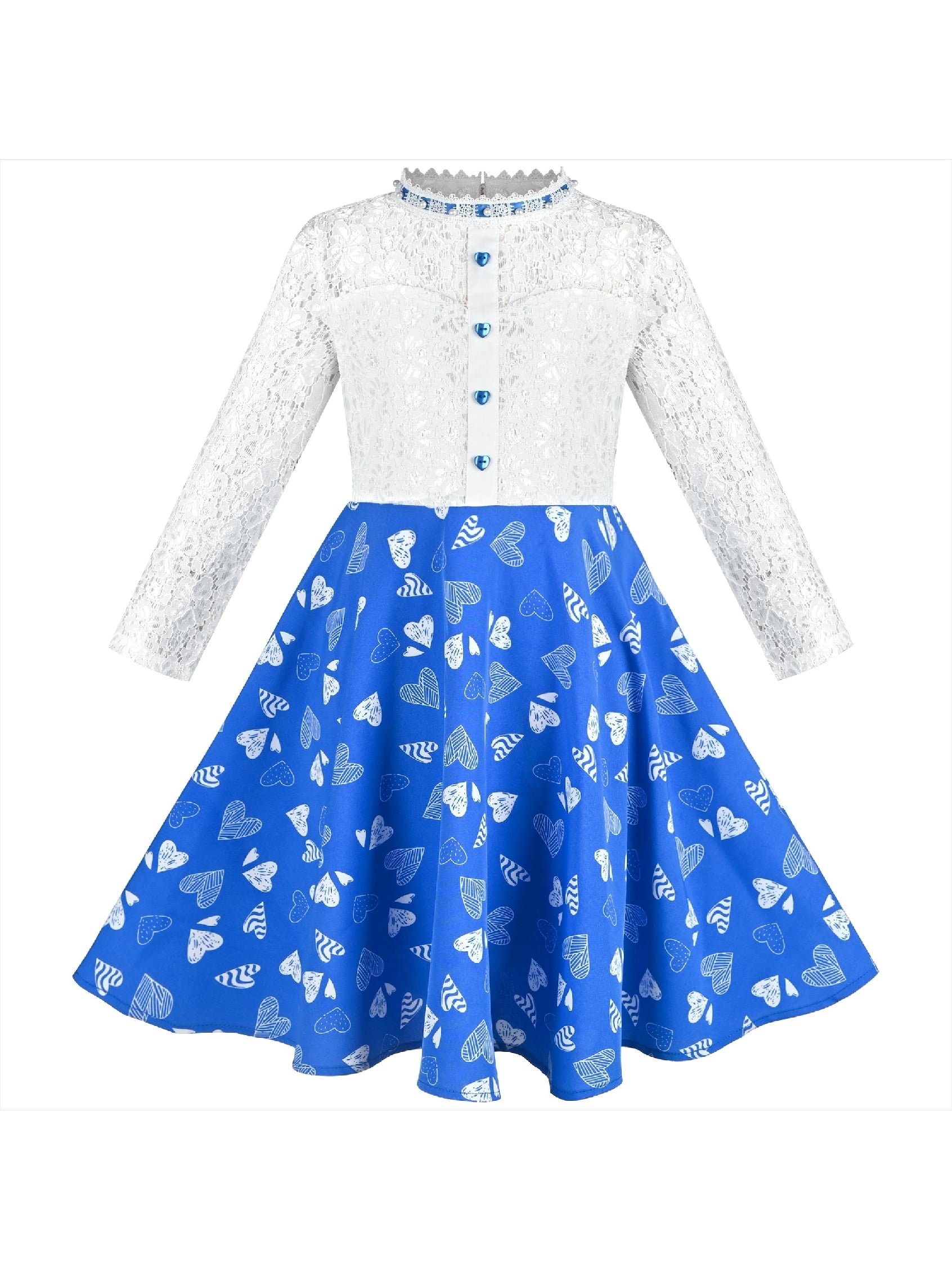 Girls Dress Blue Lace Heart Button Pearl Elegant Princess Party Pageant ...