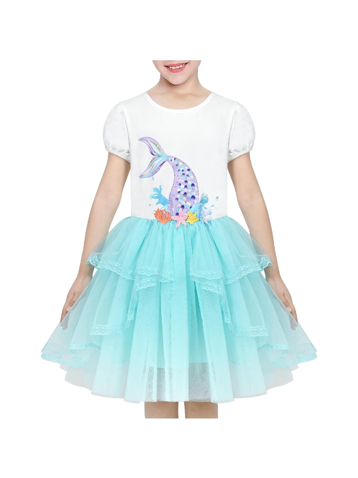 Girls Dress Blue Mermaid Princess Embroidery Sequin Tulle Short Sleeve ...