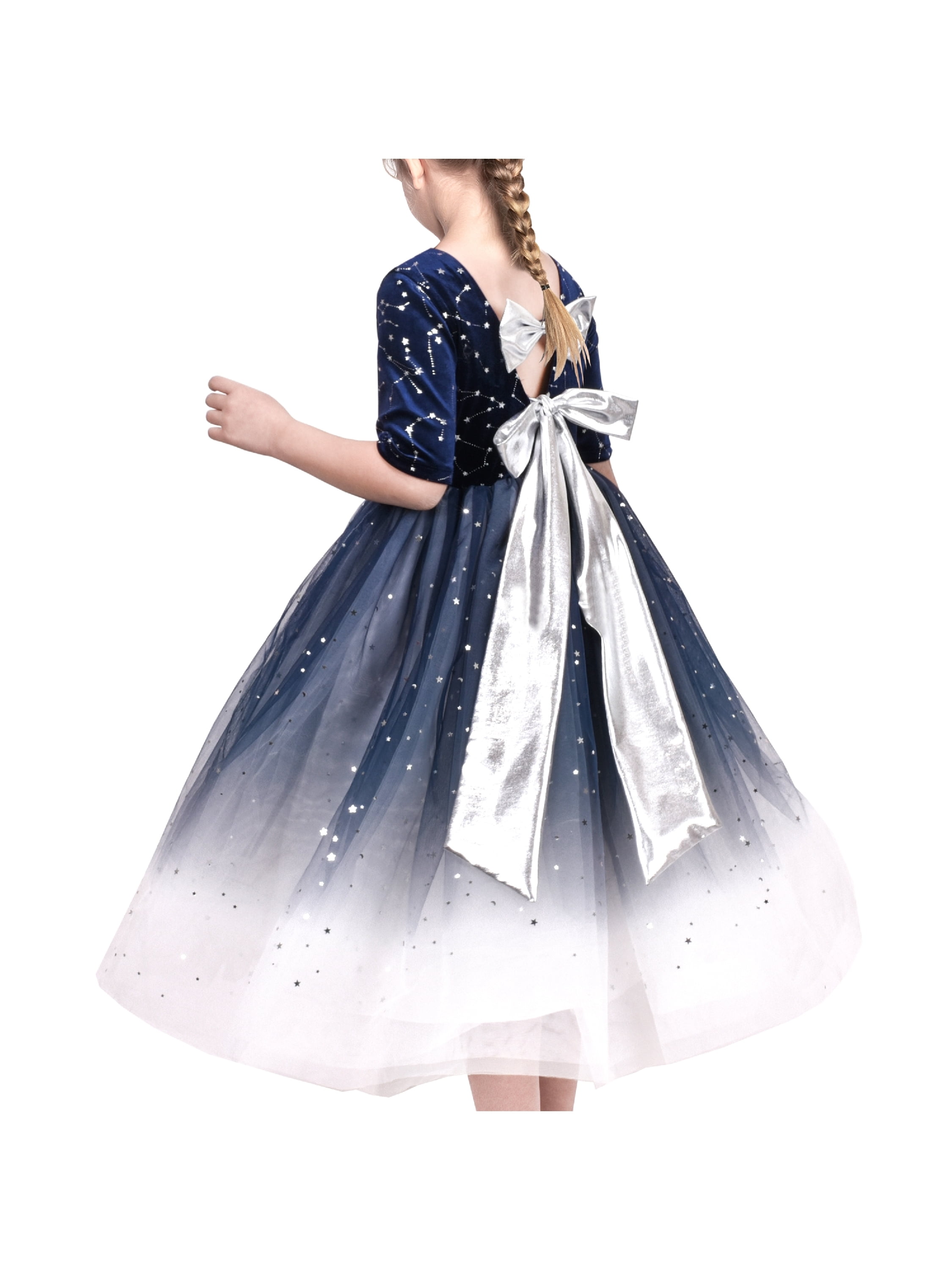 Girls Dress Blue Silver Star Constellation Gradient Bow Tie Princess 12 ...