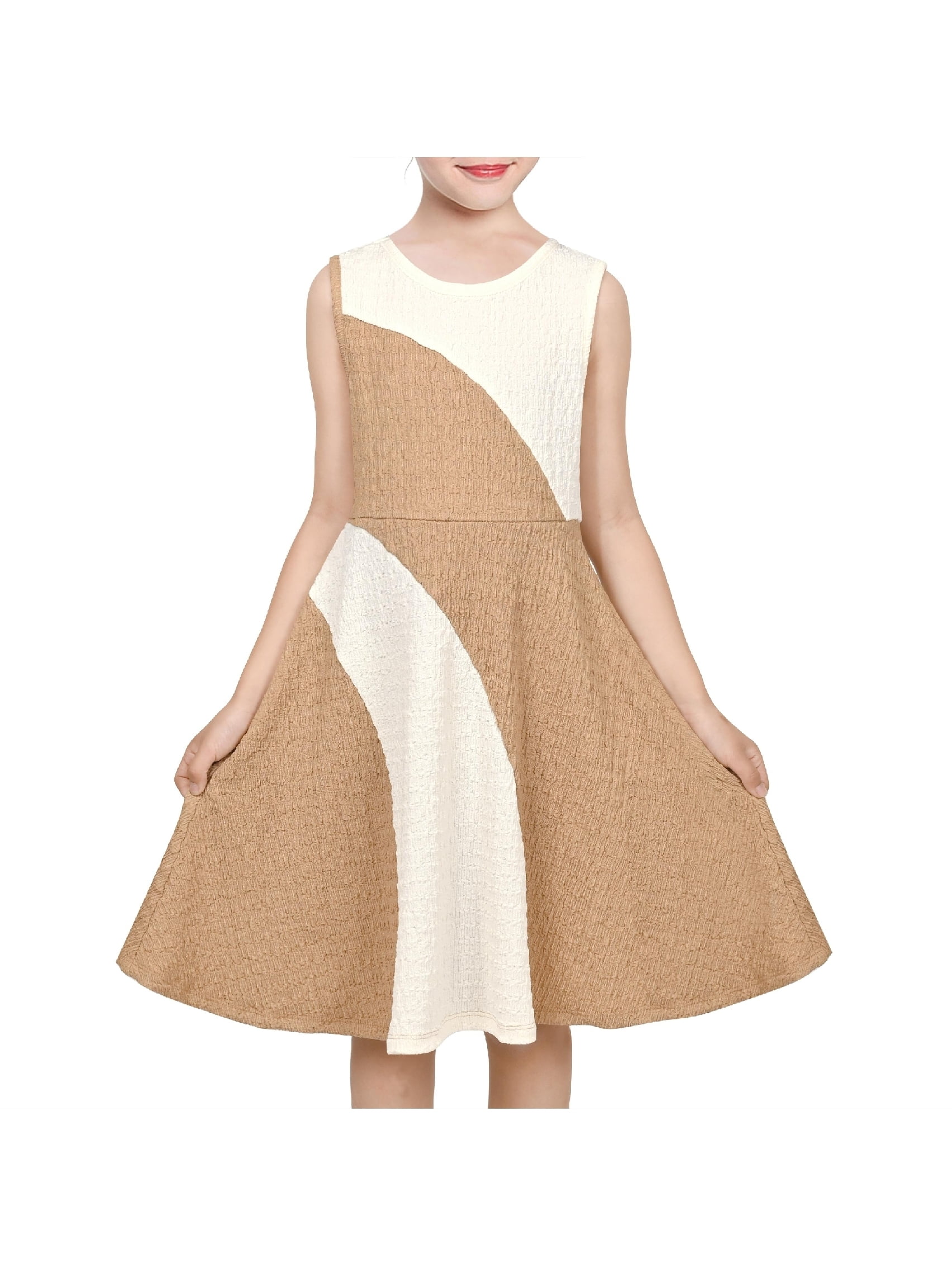 Girls Dress Brown Color Block Contrast Sleeveless School Casual Elegant ...