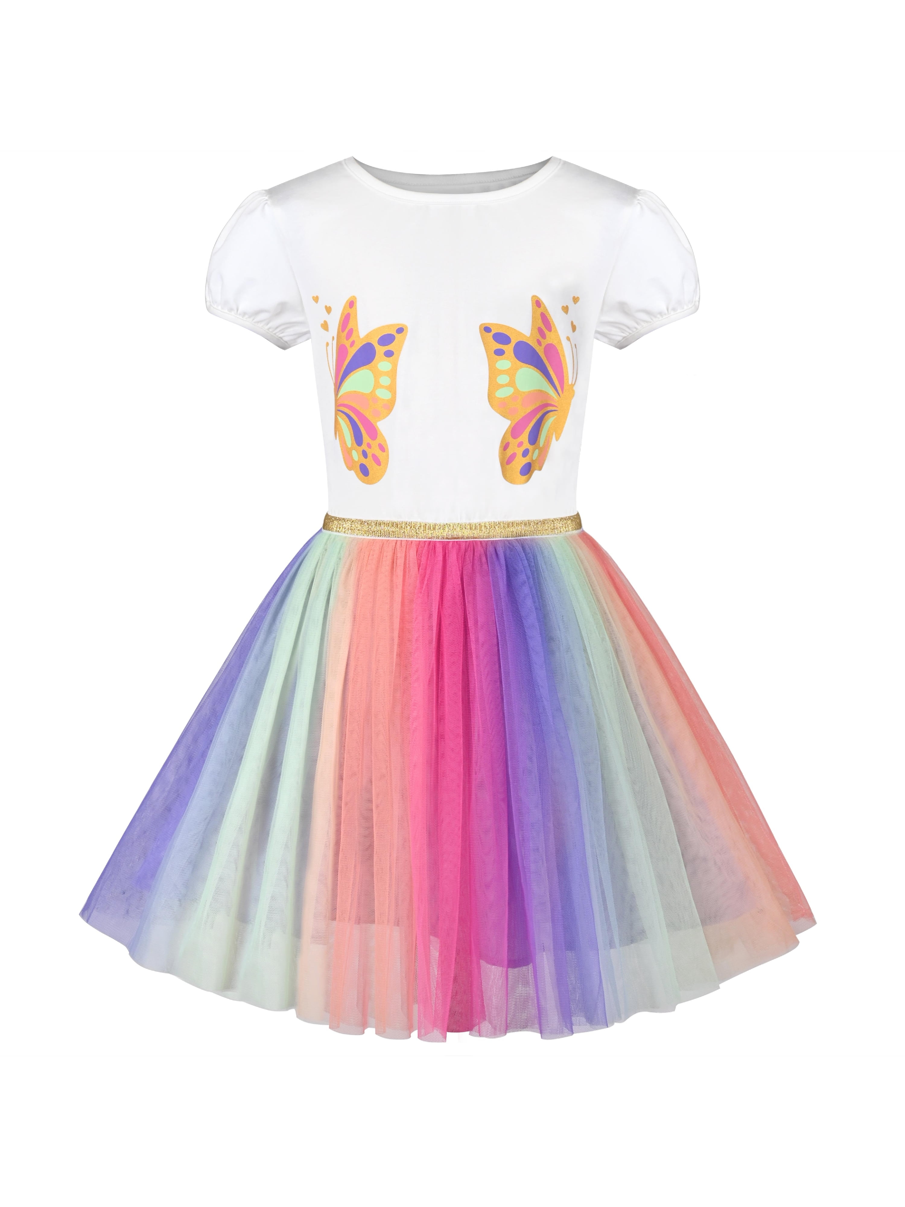 Girls Dress Butterfly Golden Belt Rainbow Multicolor Tulle Puff ...