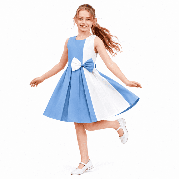 Sunny Fashion Girls Dress, Color Block, Bow Tie, Party Wear, Cotton ...