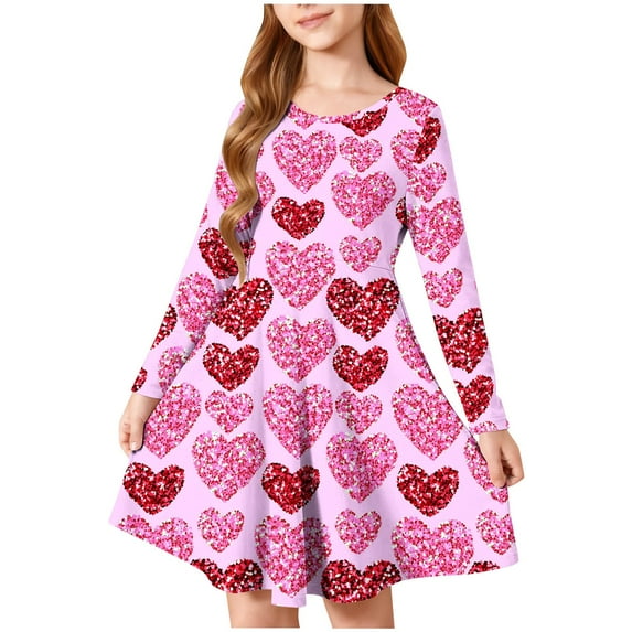 Girls Dress Cute Heart Graphic A Line Dresses Spring Fall Long Sleeve ...