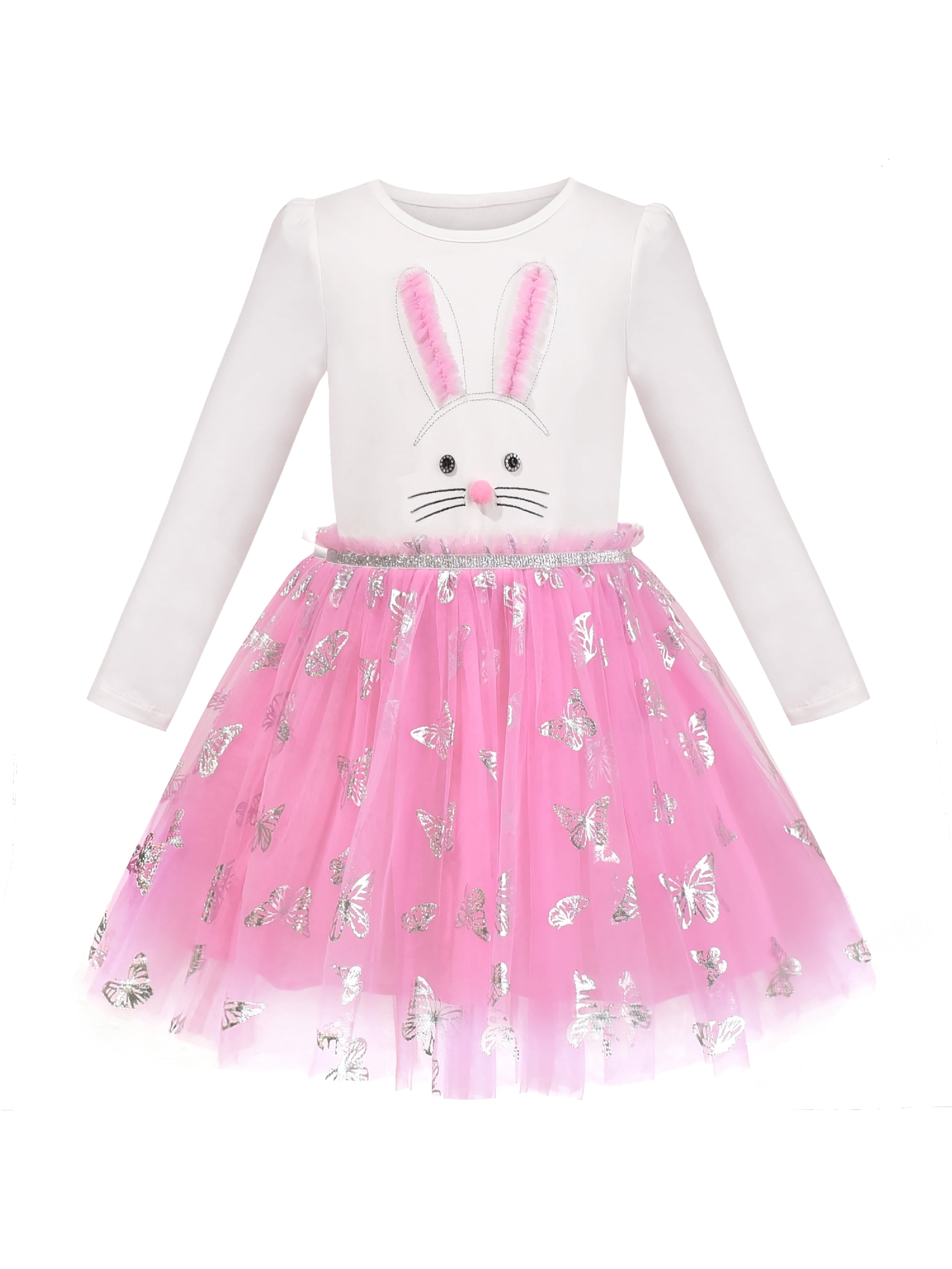 Girls Dress Easter 3D Bunny Shiny Butterfly Pink Ruffle Waist Long ...