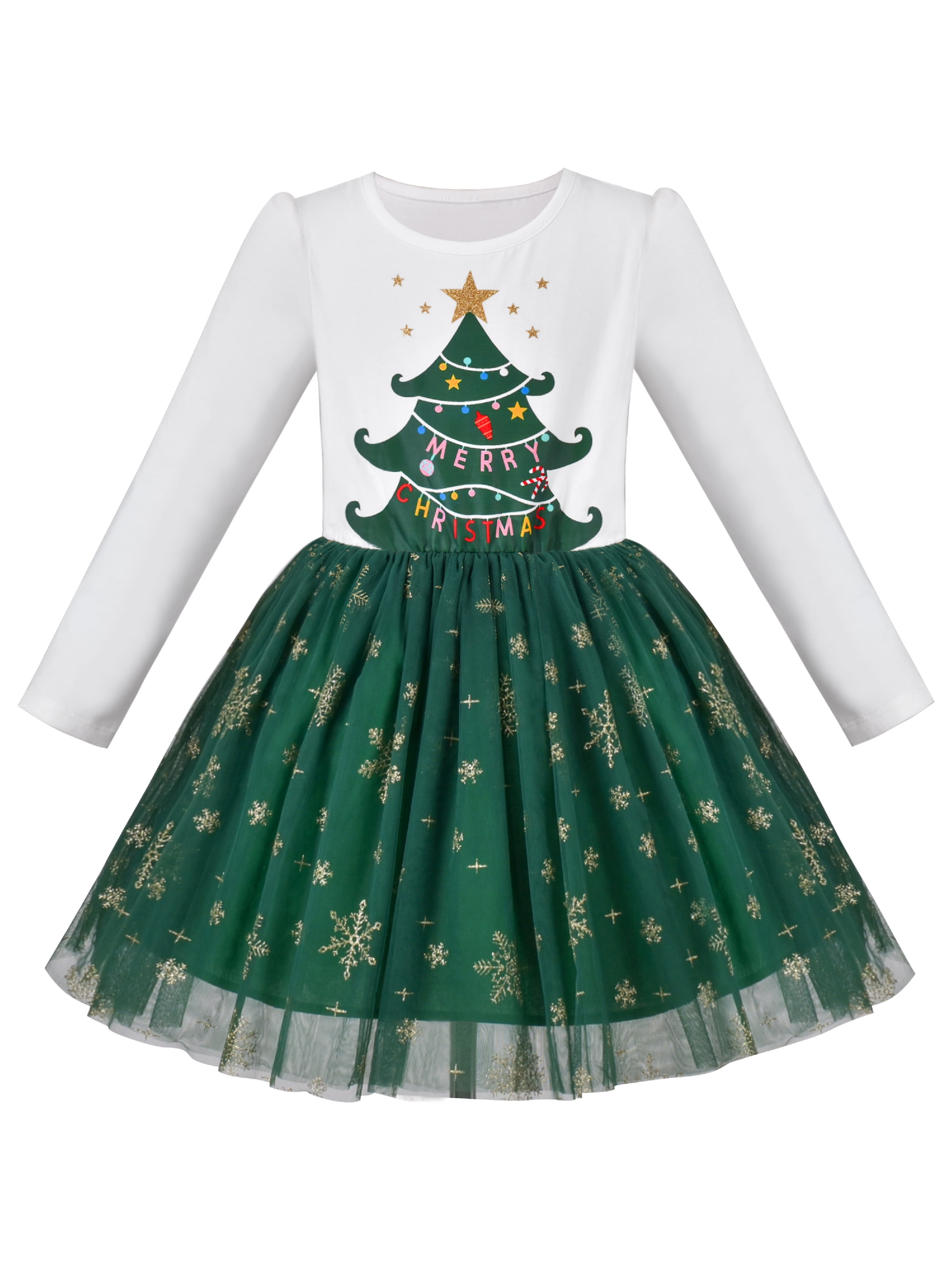 Girls Dress Green Christmas Tree Snowflake Holiday Tutu Long Sleeve 8 ...