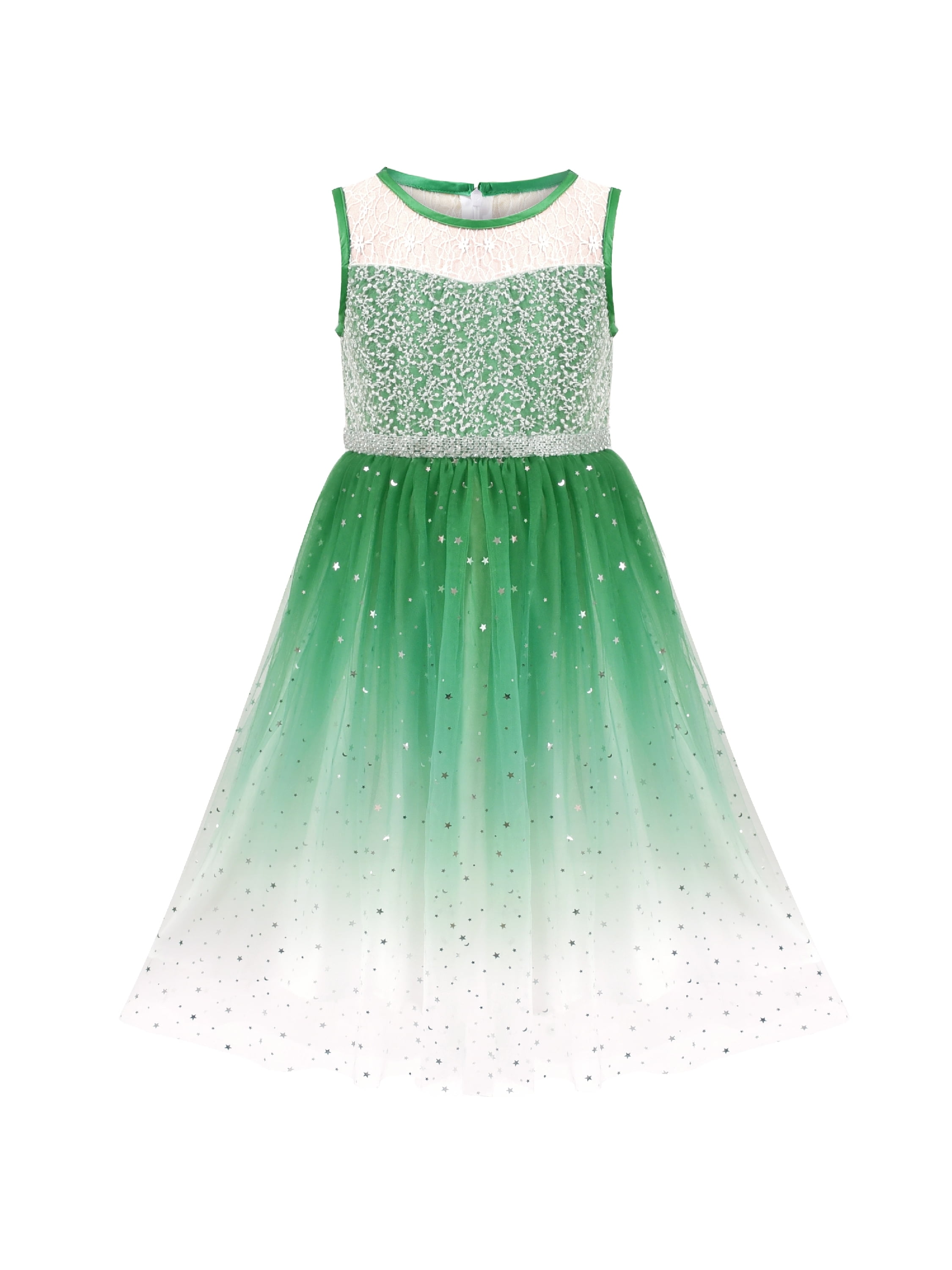 Girls Dress Green Lace Tulle Gradient Skirt Shiny Star Sleeveless 10 ...