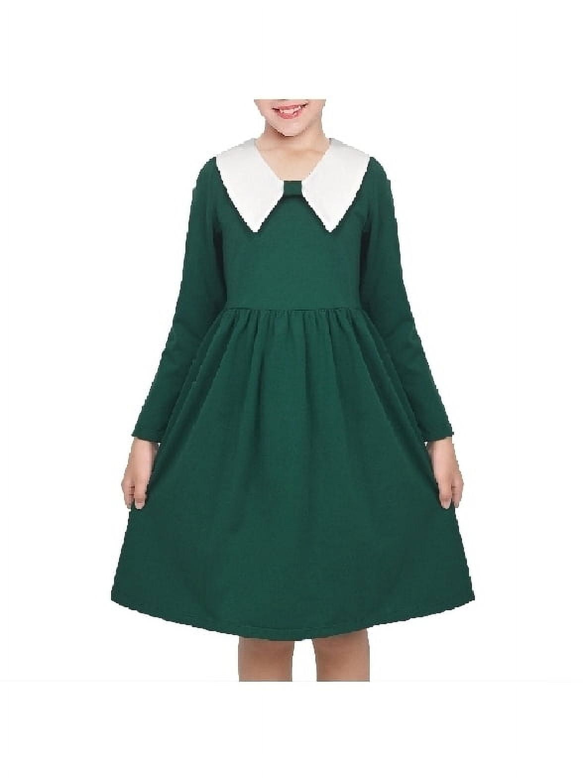 Girls Dress Green Solid Casual School Student Uniform Cotton Long ...