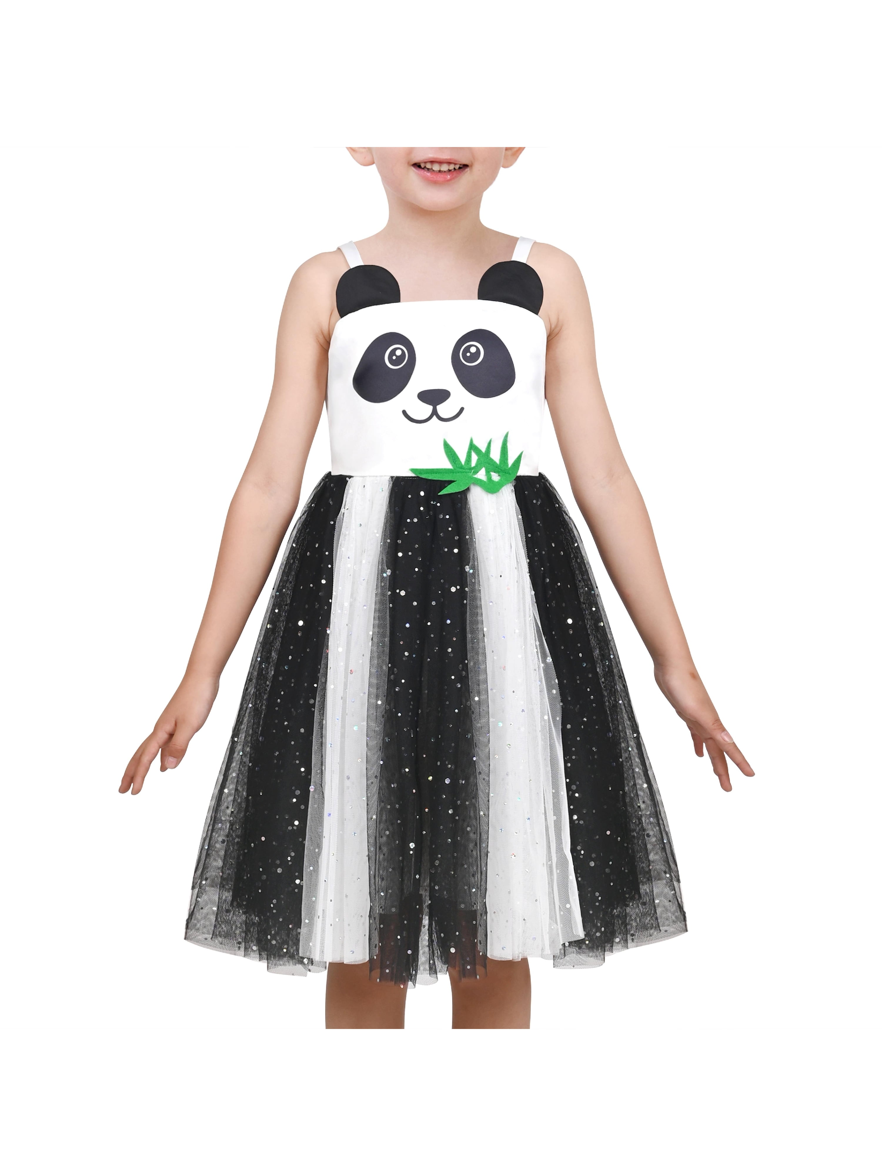 Girls Dress Panda Bamboo Animal White Black Tulle Sequin Strap Sundress ...