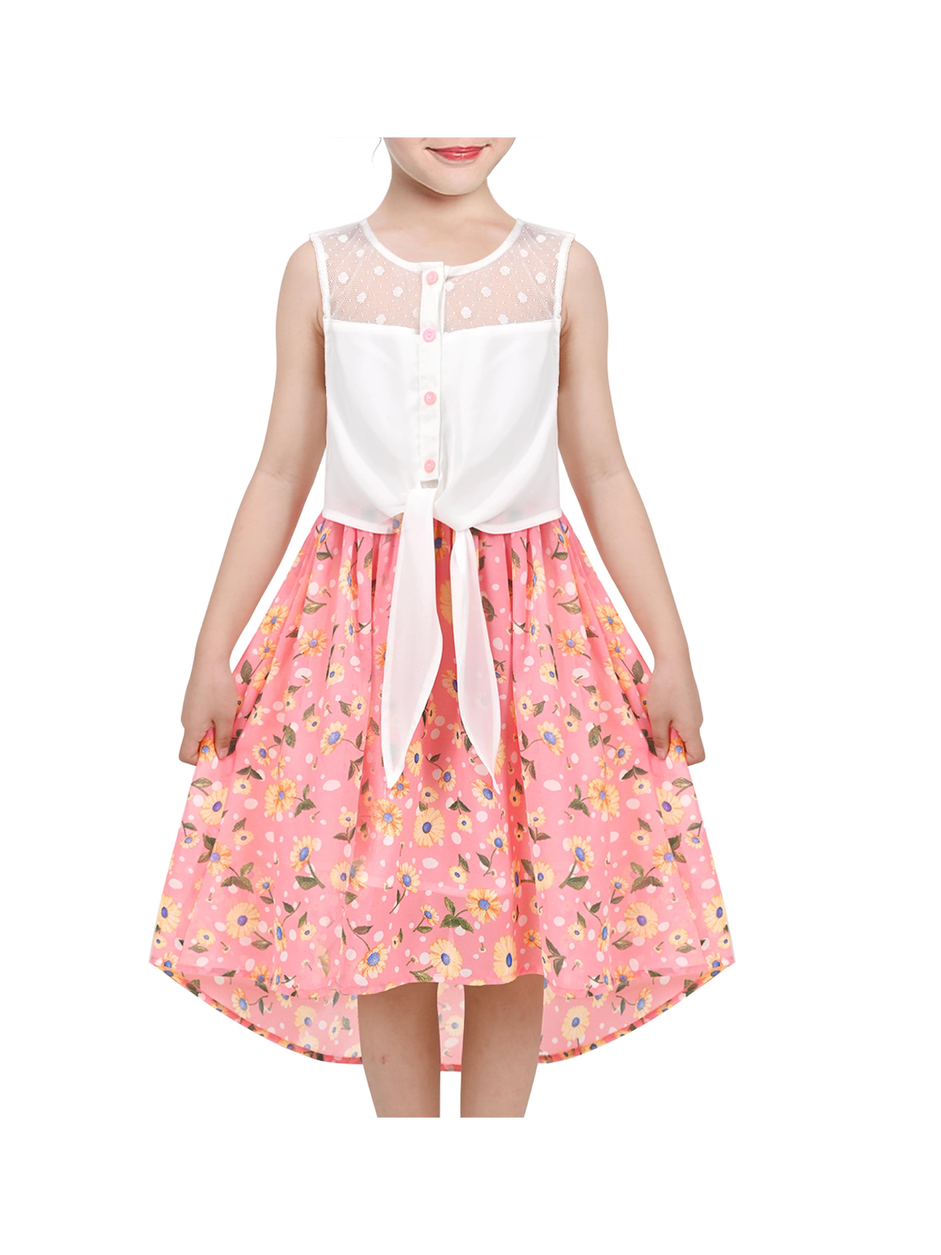 Girls Dress Pink Chiffon Floral Lace Top High-Low Tie Waist Princess 12 ...